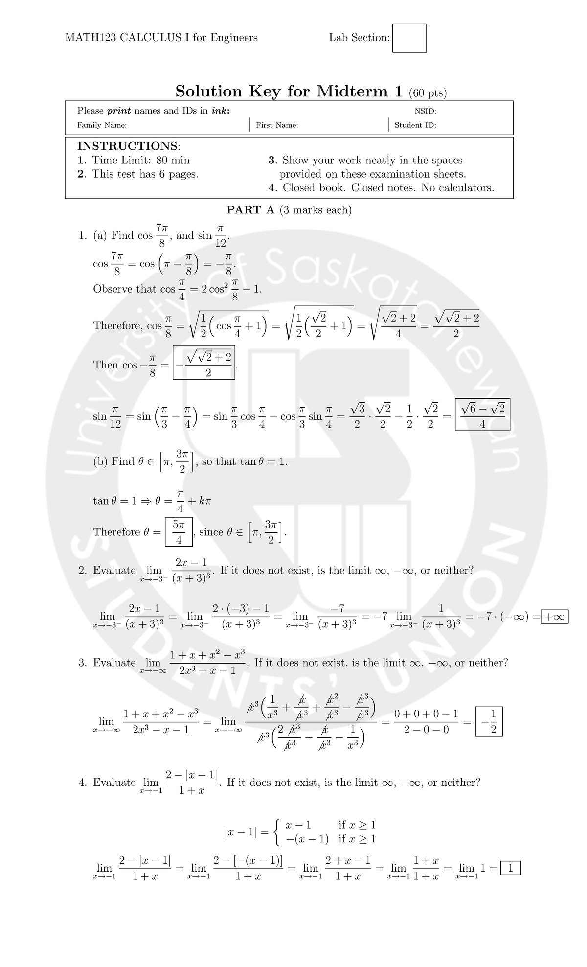 Exam 21 October 2009, questions and answers - MATH123 CALCULUS I for Engineers Lab Section ...