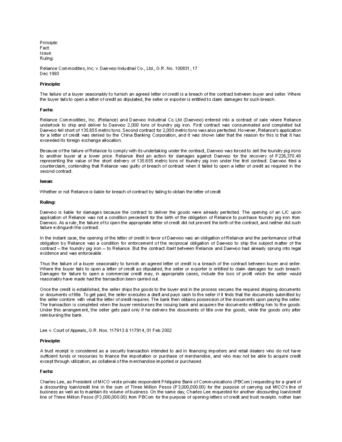 Case Digest - Notes. - Principle: Fact: Issue: Ruling: Reliance ...