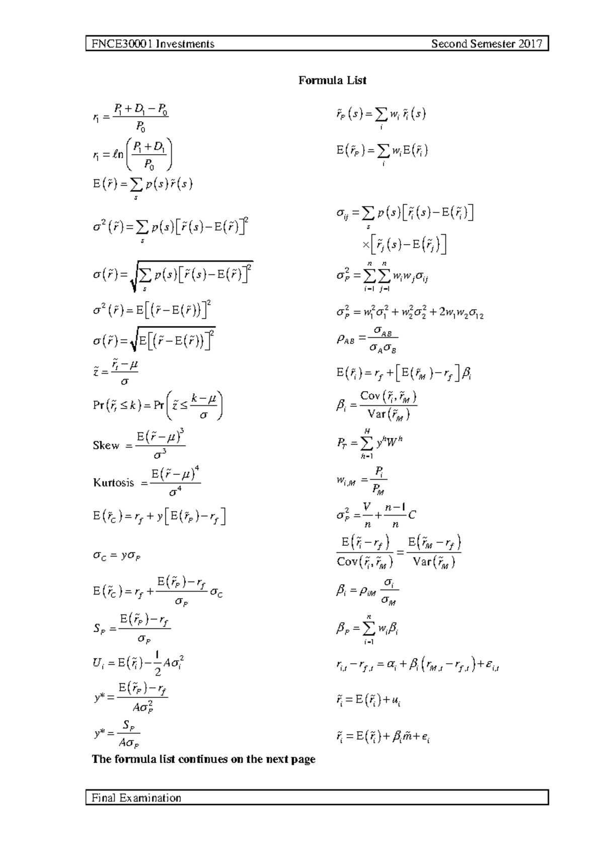 Final Formulas - FNCE30001 Investments Second Semester 2017 Formula ...