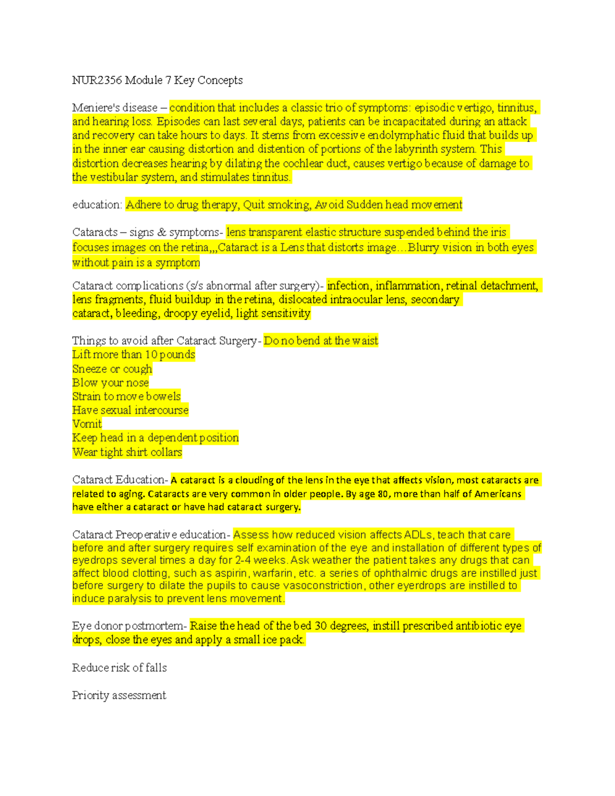 Module 7 Study Guide - NUR2356 Module 7 Key Concepts Meniere's disease ...