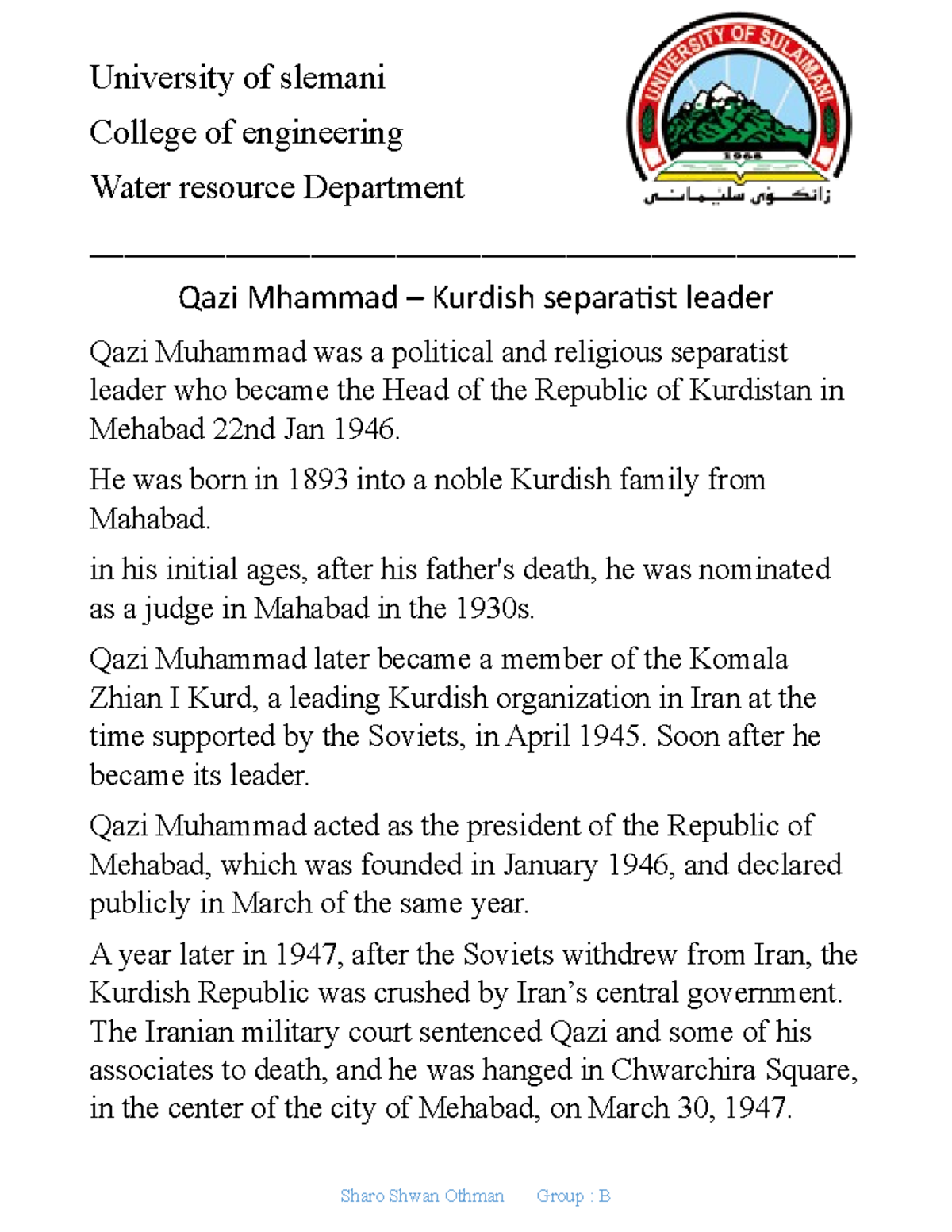 Sharo shwan Assignment - University of slemani College of engineering ...