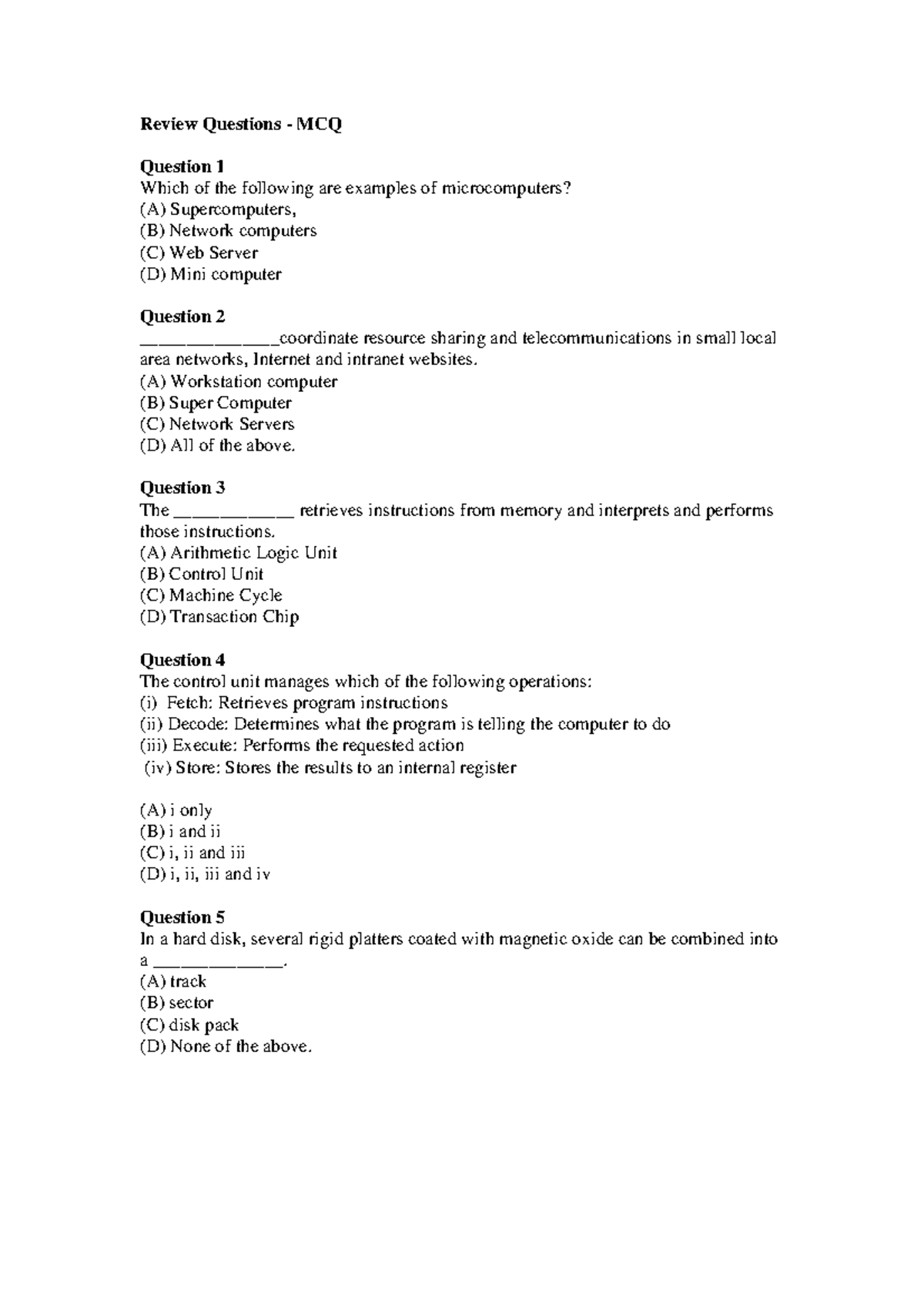 Topic 02 Tutorial Computer Hardware Questions - Review Questions - MCQ ...