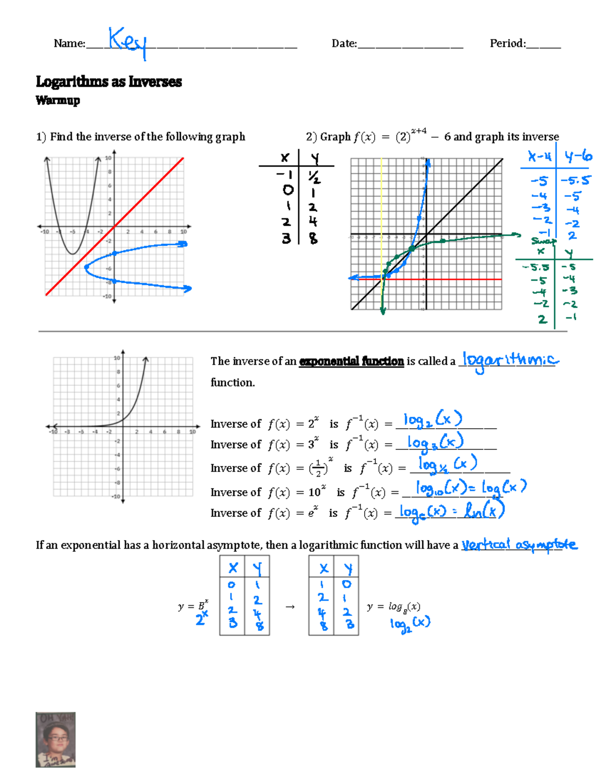 JLR Key Logarithms as Inverses - Logarithms as Inverses Warmup Find the ...