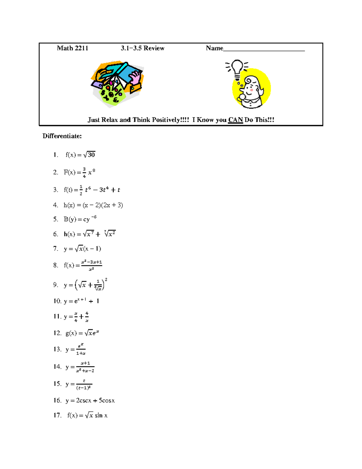 Calculus Review 212 - Math 2 211 3−3 Review Name ...