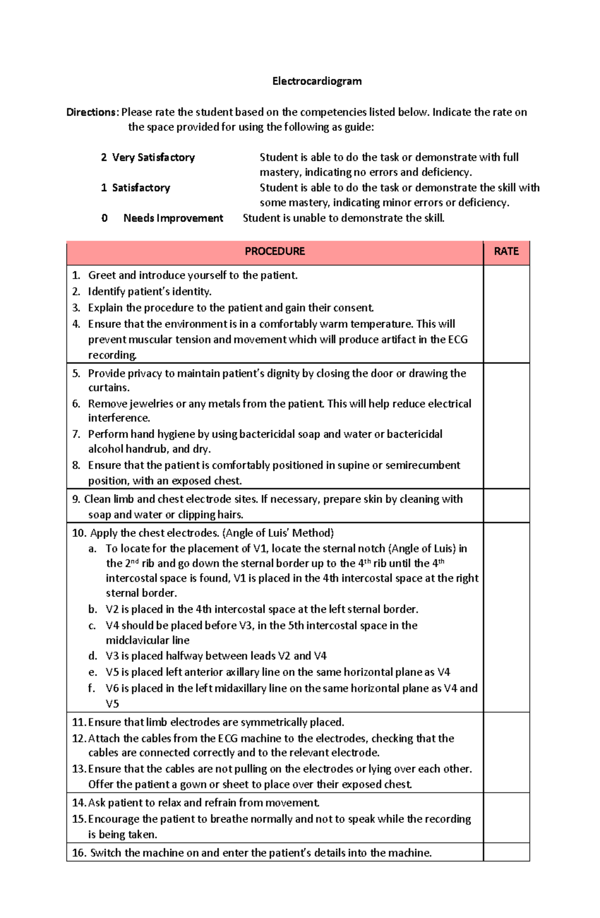 Skills Lab Checklist O2 therapy and ECG - Electrocardiogram Directions ...