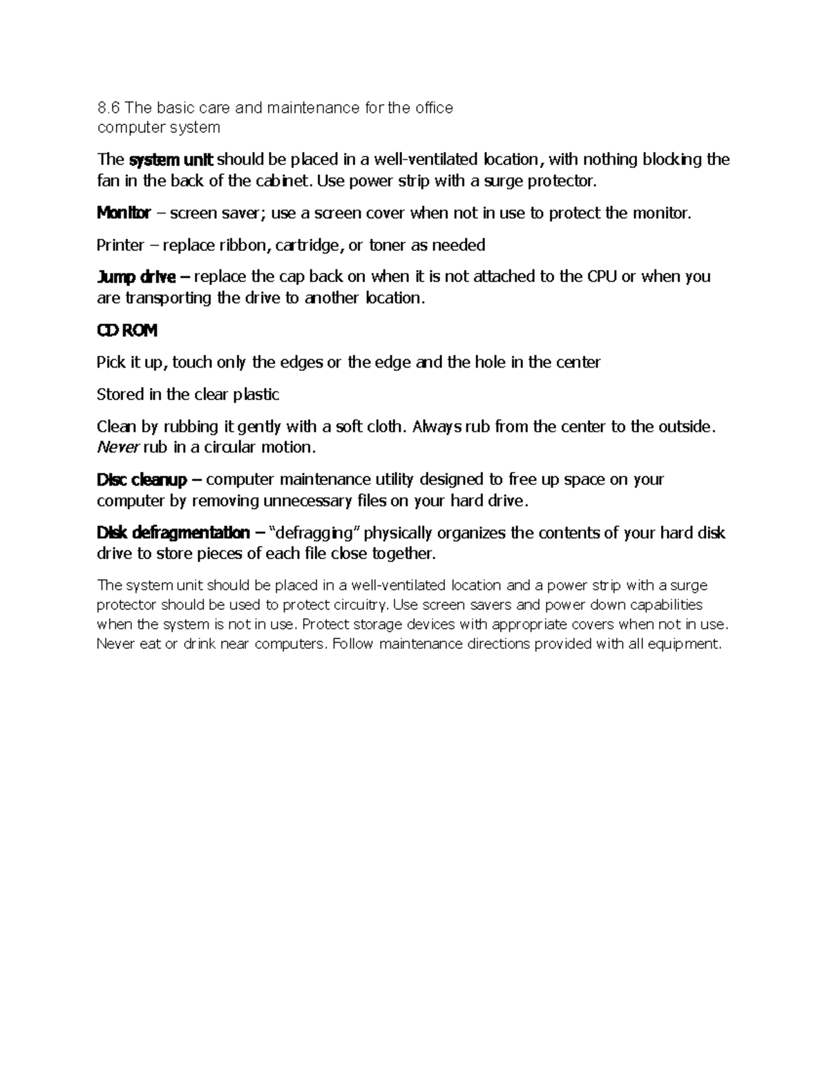 Summary notes on 8.6 The basic care and maintenance for the office ...