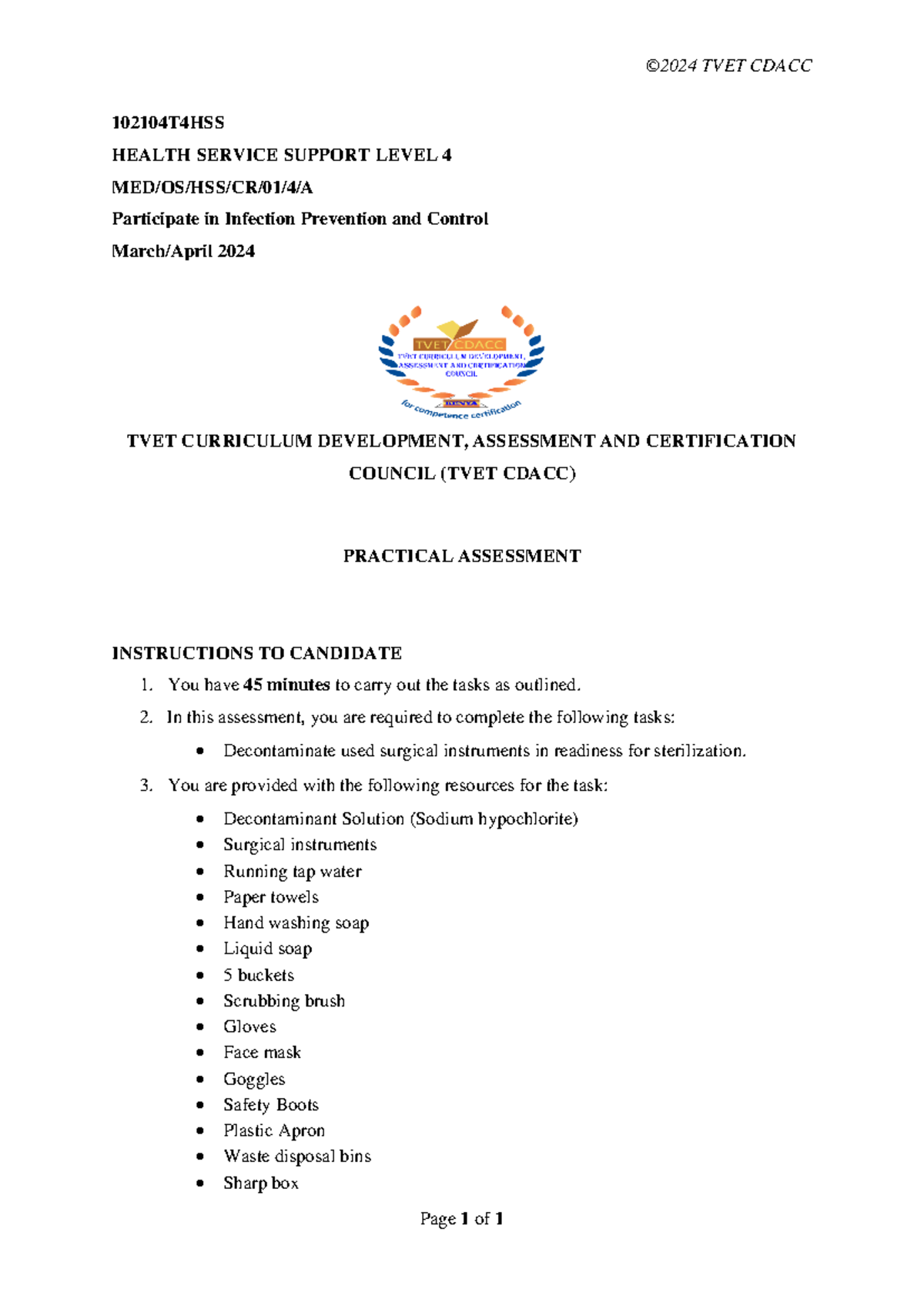 HSS level 4 Practical assessment checklist (infection prevention and ...