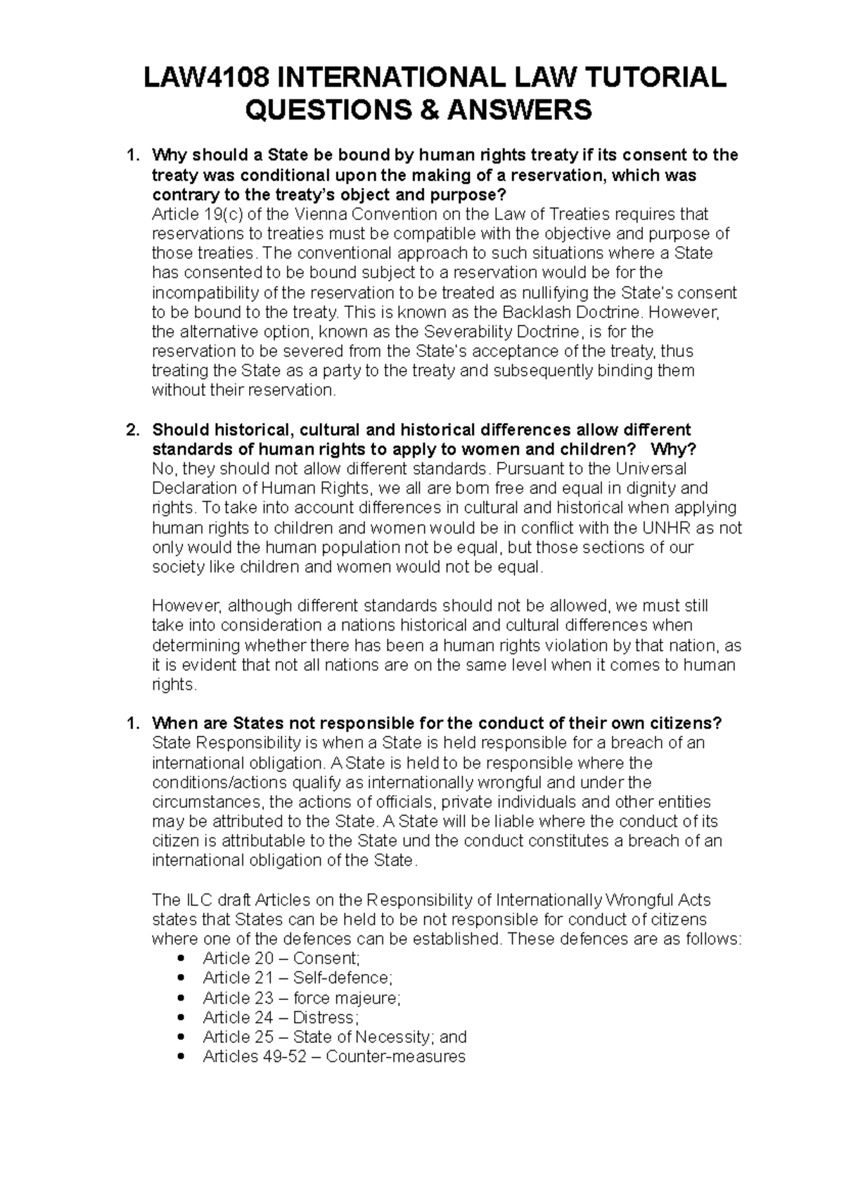 LAW4108 International LAW Tutorial Questions & Answers - LAW4108 ...