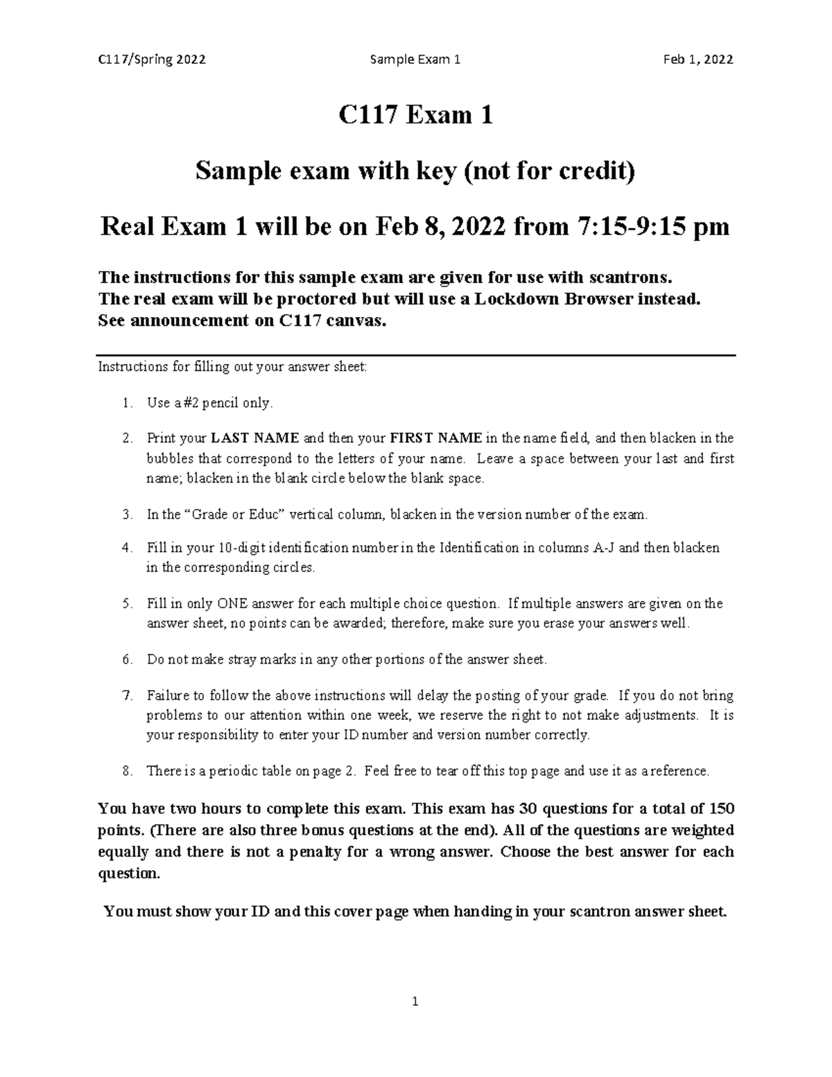 Sample exam 1 without key - C117 Exam 1 Sample exam with key (not for ...