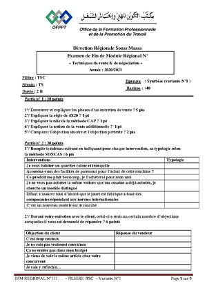 EFM Régional Techniques de vente TSC 1A V2 - EFM REGIONAL N°111..... – FILIERE :TSC – Variante N ...