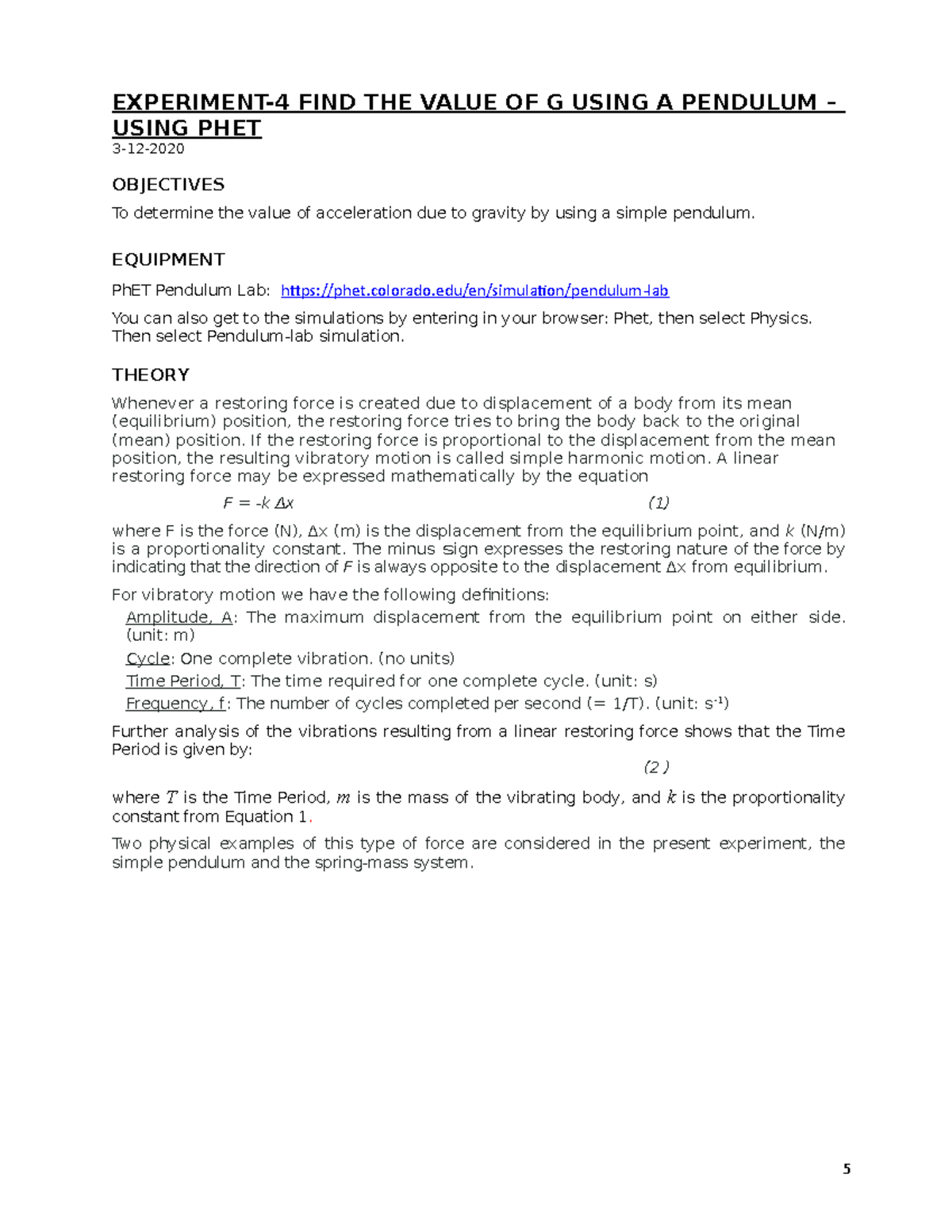 OL-10 Finding 'g' by using a pendulum - Ph ET Simulation-1 - EXPERIMENT ...