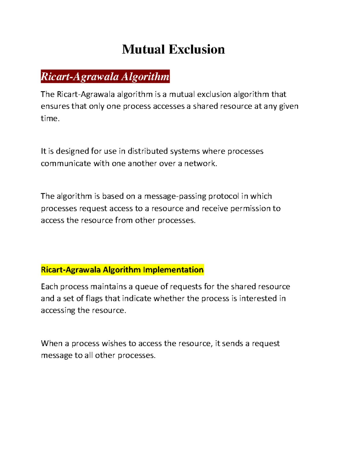 Mutual Exclusion Ricart Agrawala Algorithm Mutual Exclusion Ricart Agrawala Algorithm The