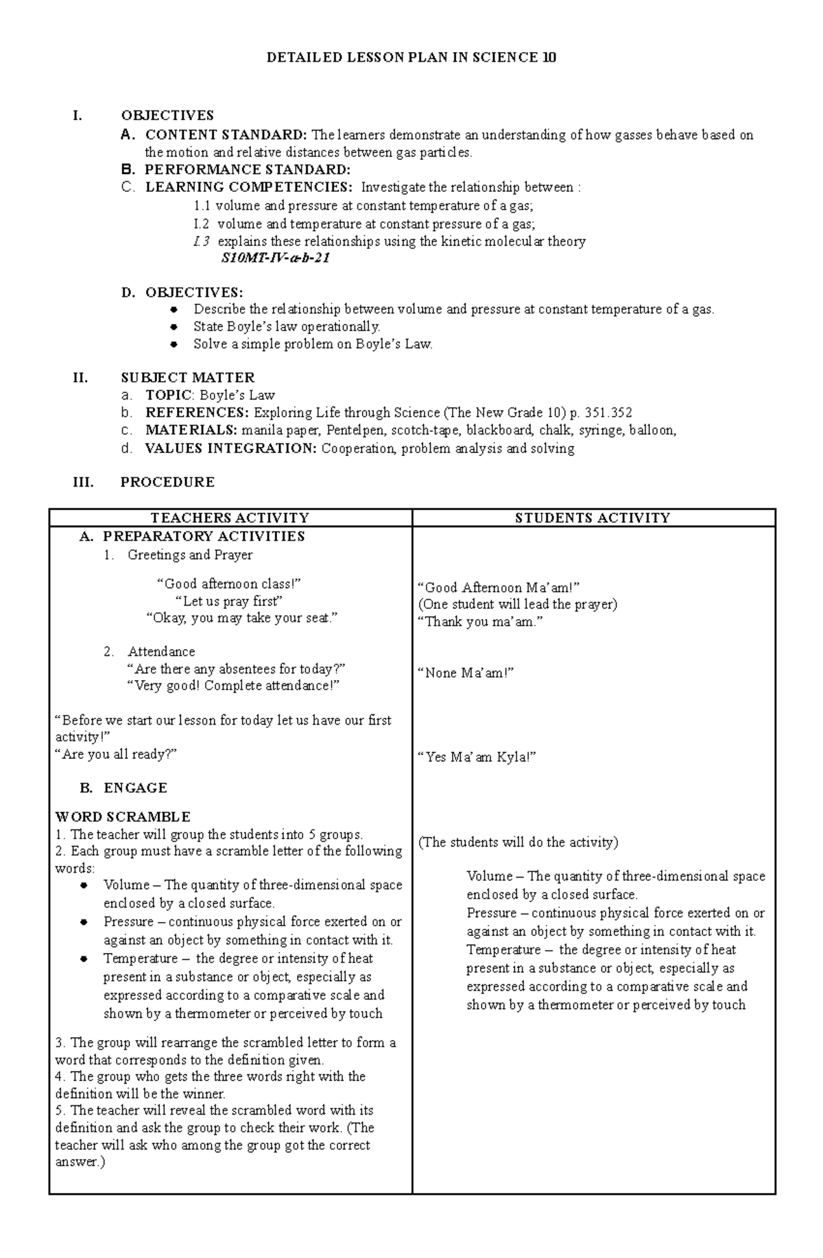 Boyle's Law - This is about Boyle's Gas Laws. - DETAILED LESSON PLAN IN ...