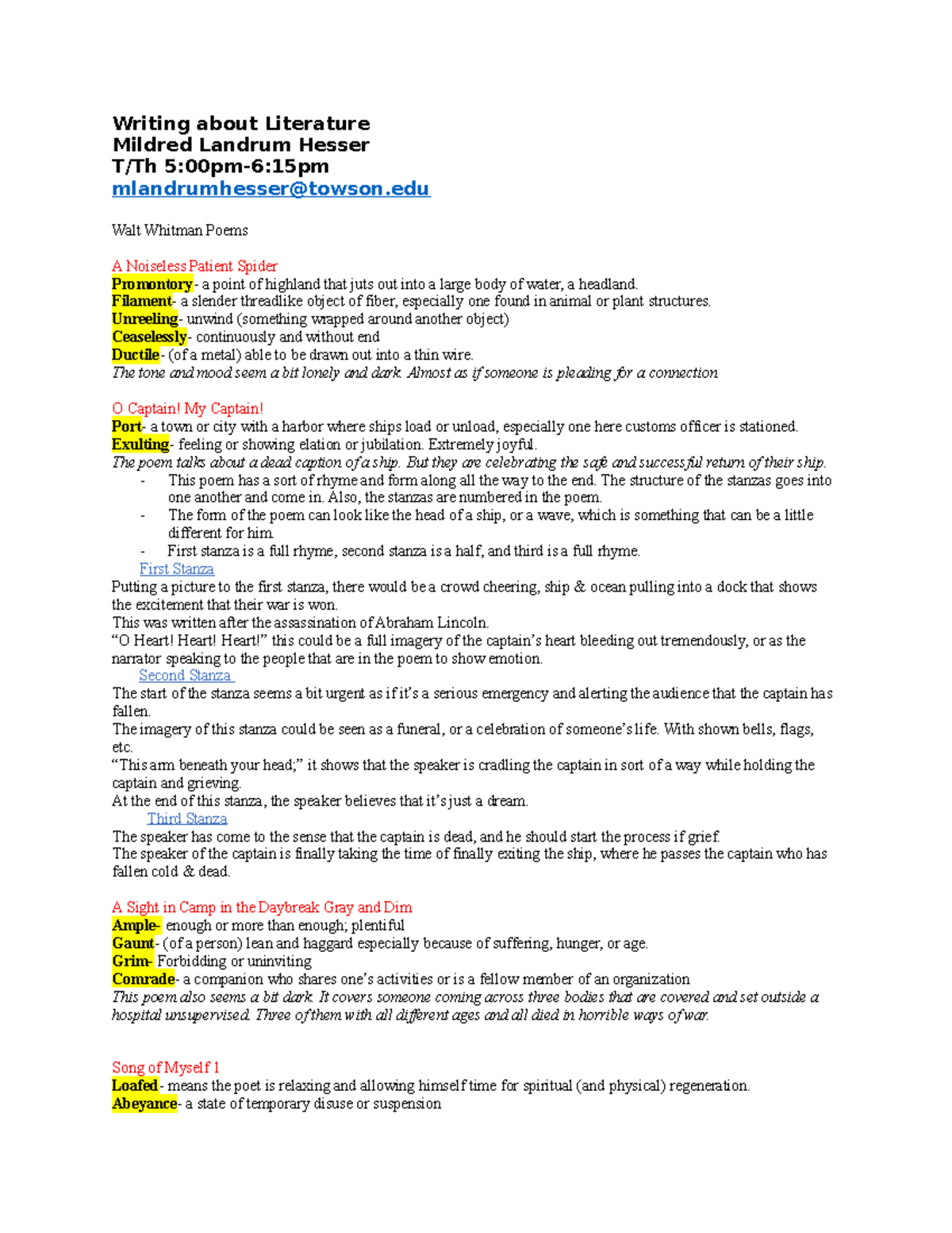 Walt Whitman Poems Notes - Week 1 - Writing about Literature Mildred ...