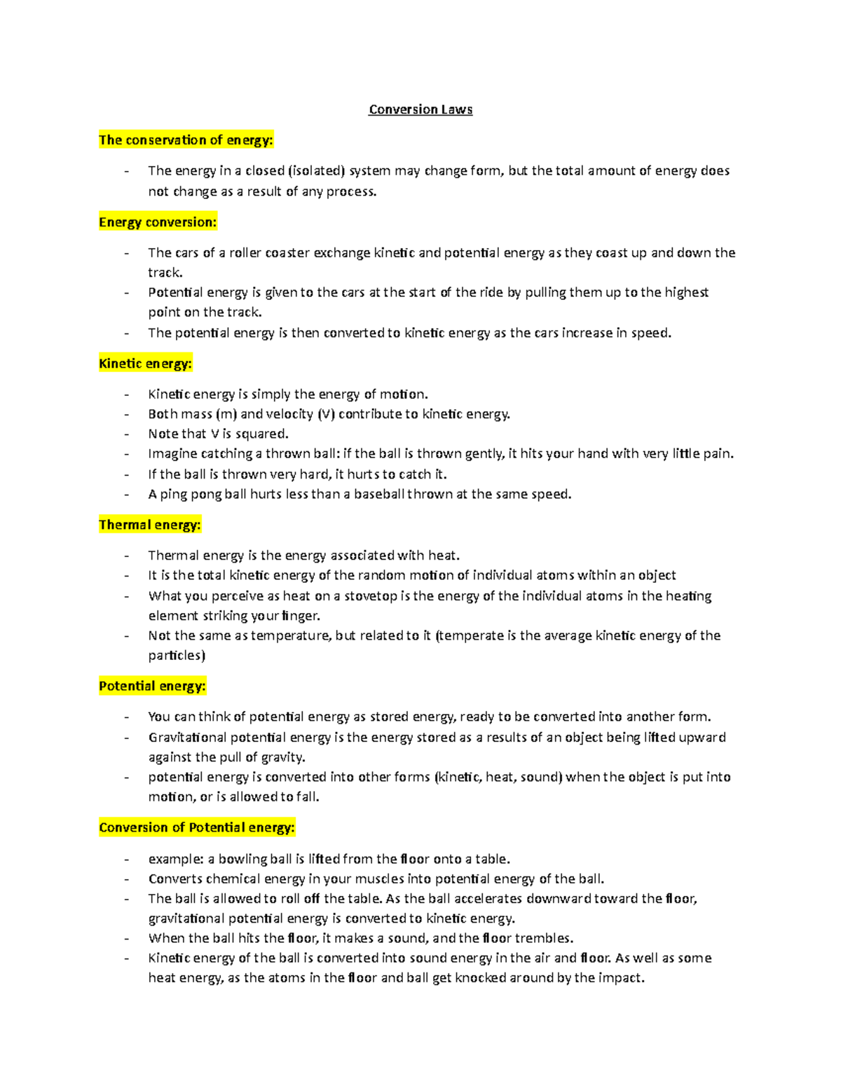 AST 111 unit 20 notes - Conversion laws (kinetic energy, thermal energy ...