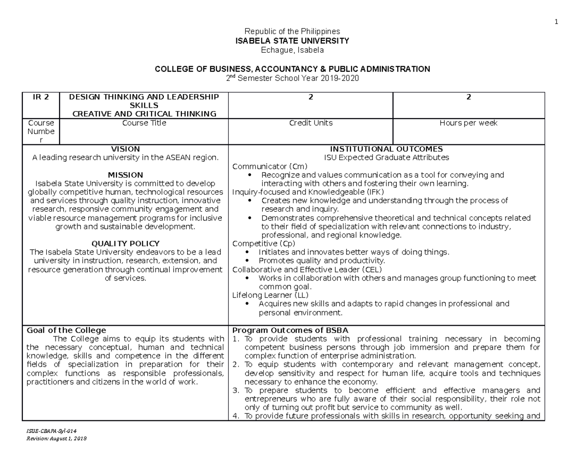 Creative AND Critical Thinking Syllabus - Republic of the Philippines ISABELA STATE UNIVERSITY ...