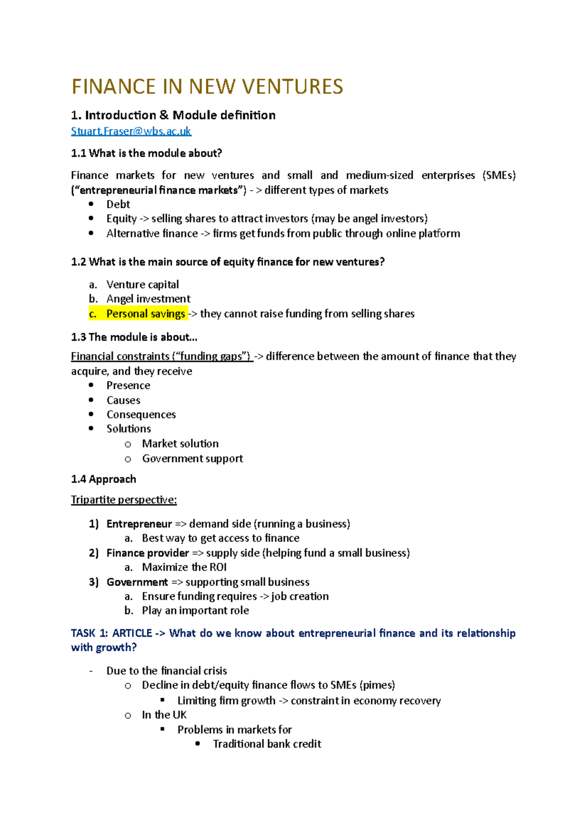 Finance in New Ventures - notes week 1 - FINANCE IN NEW VENTURES 1 ...