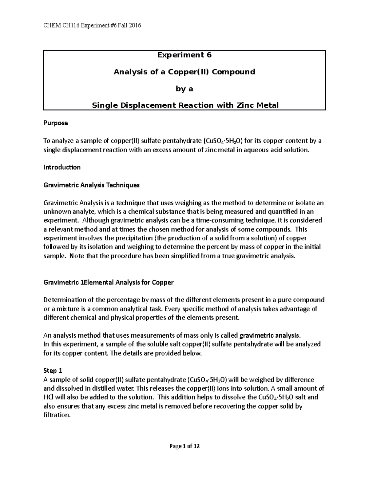 CHEM Experiment #6 - chemistry lab report - CHEM CH116 Experiment #6 ...