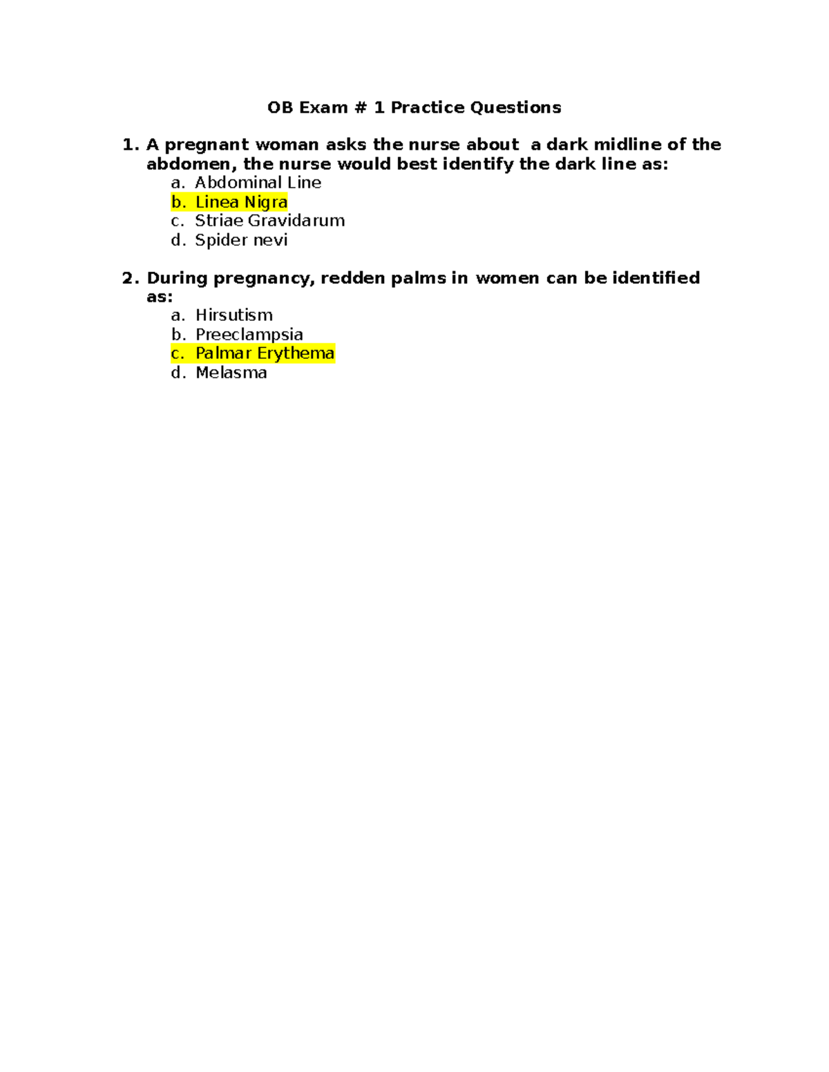 OB Exam Practice Questions - NURS 422 - OB Exam # 1 Practice Questions ...