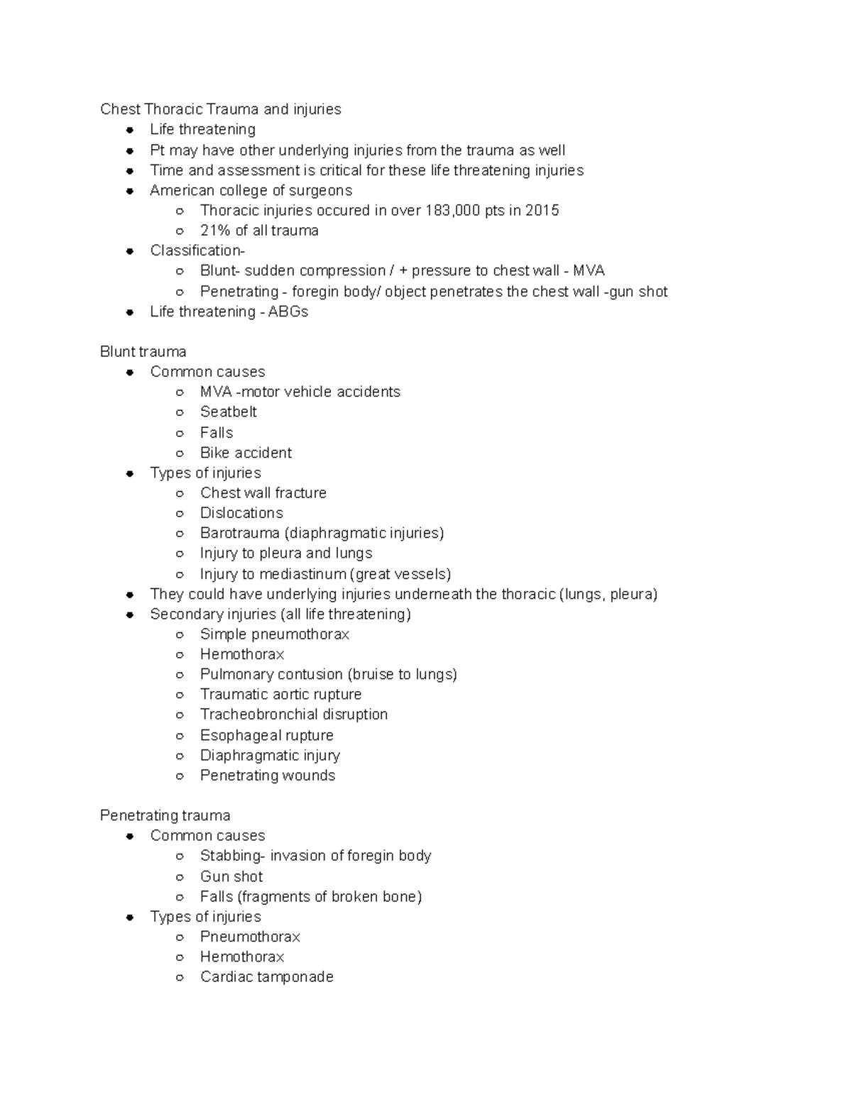 Chest thoracic trauma - medsurg 1 notes - Chest Thoracic Trauma and ...