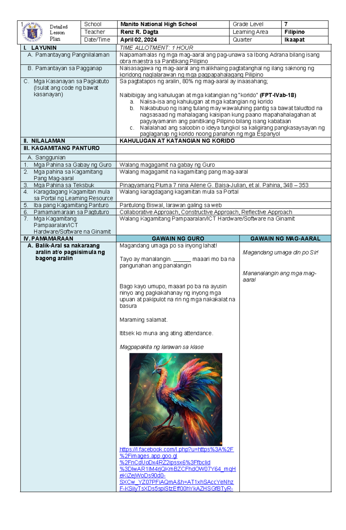 LP- Template 2 - Ibong adarna 1 - 1 School Manito National High School ...