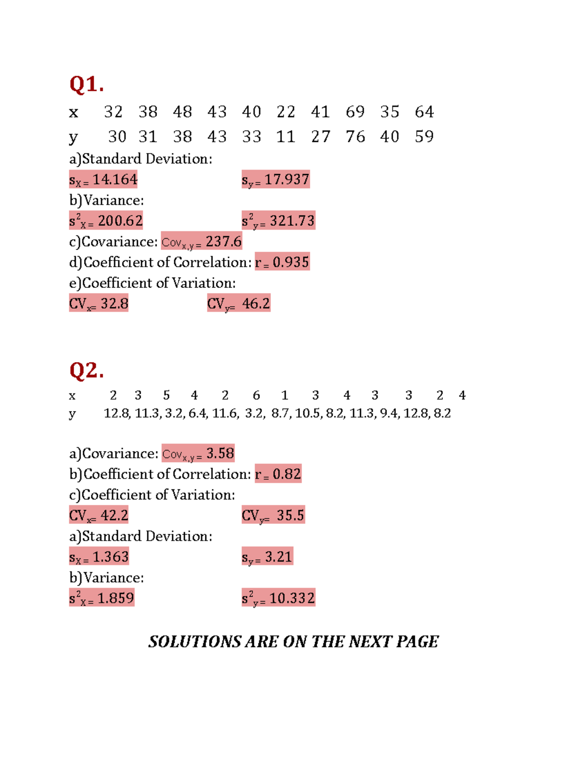 Standard Deviation Variance Covariance Correlation Coefficient Cv Q1