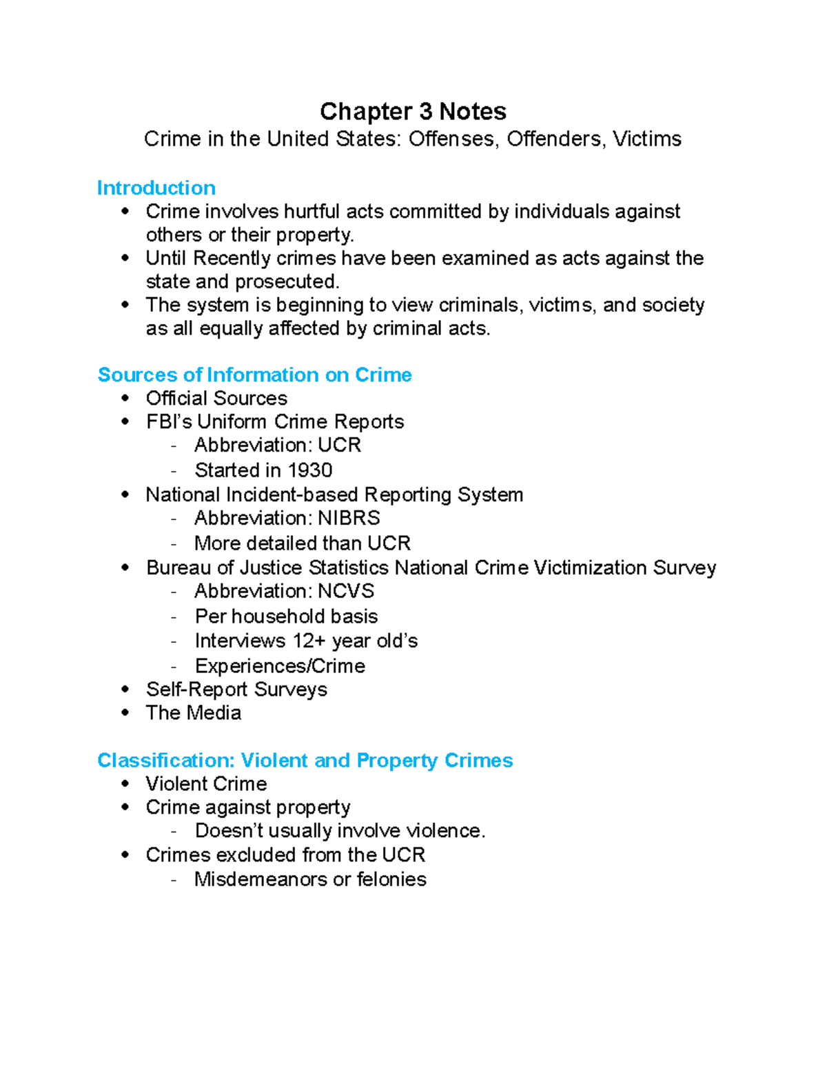 CJ Ch.3 Notes - Chapter 3 Notes Crime in the United States: Offenses ...