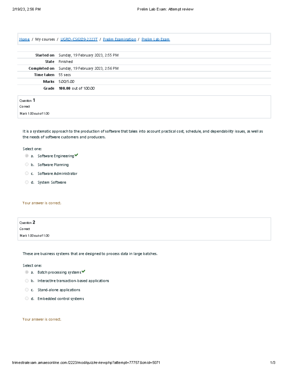 Software Engineering Prelim Laboratory EXAM - 2/19/23, 2:56 PM Prelim Lab Exam: Attempt review ...