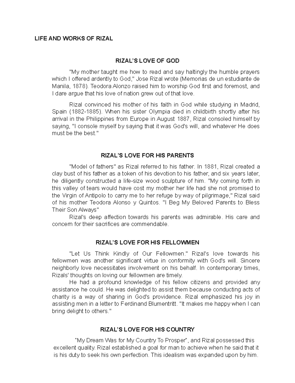 Rizal Traits - LIFE AND WORKS OF RIZAL RIZAL’S LOVE OF GOD "My mother ...