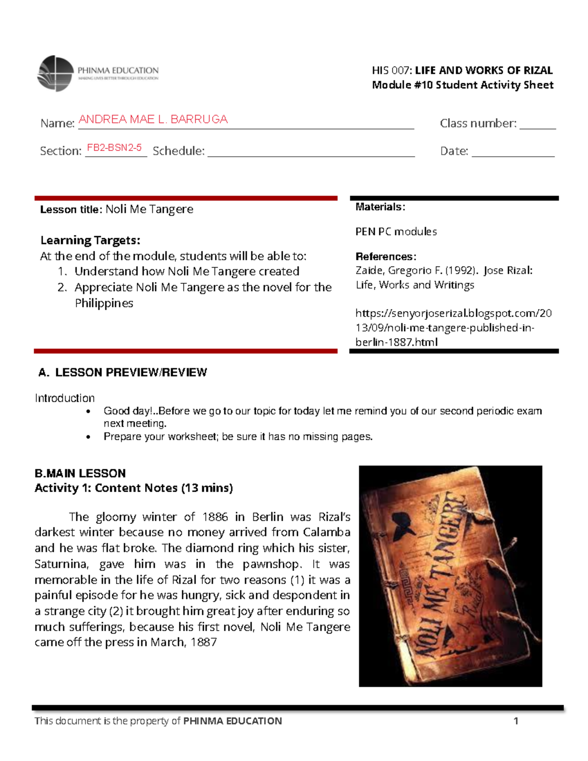 SAS 10 HIS 007 Life and Works of Rizal HIS 007 - Module #1 0 Student Activity Sheet Name: - Studocu