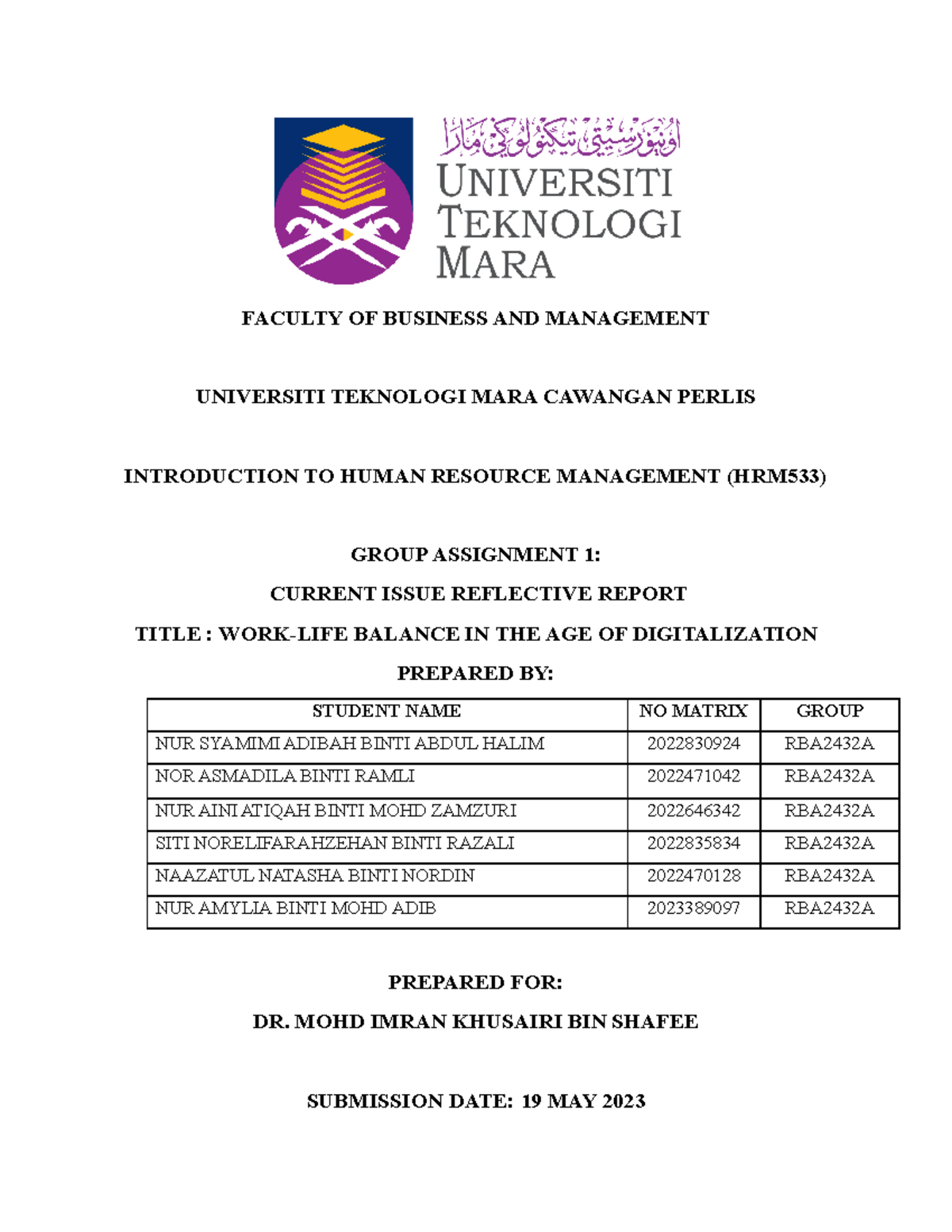 Group Assignment 1 Hrm533 Faculty Of Business And Management Universiti Teknologi Mara 