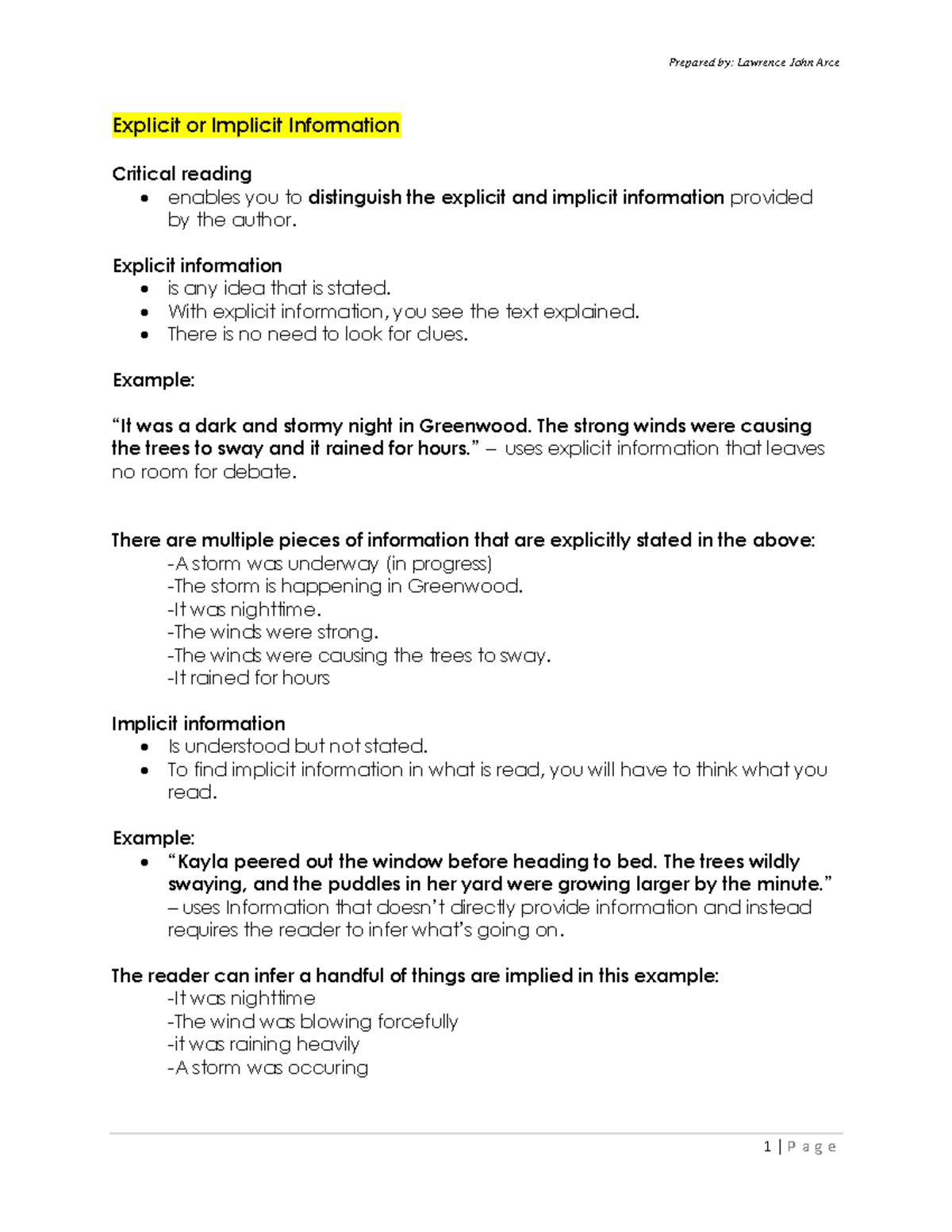 Explicit Or Implicit Information Prepared By Lawrence John Arce 1
