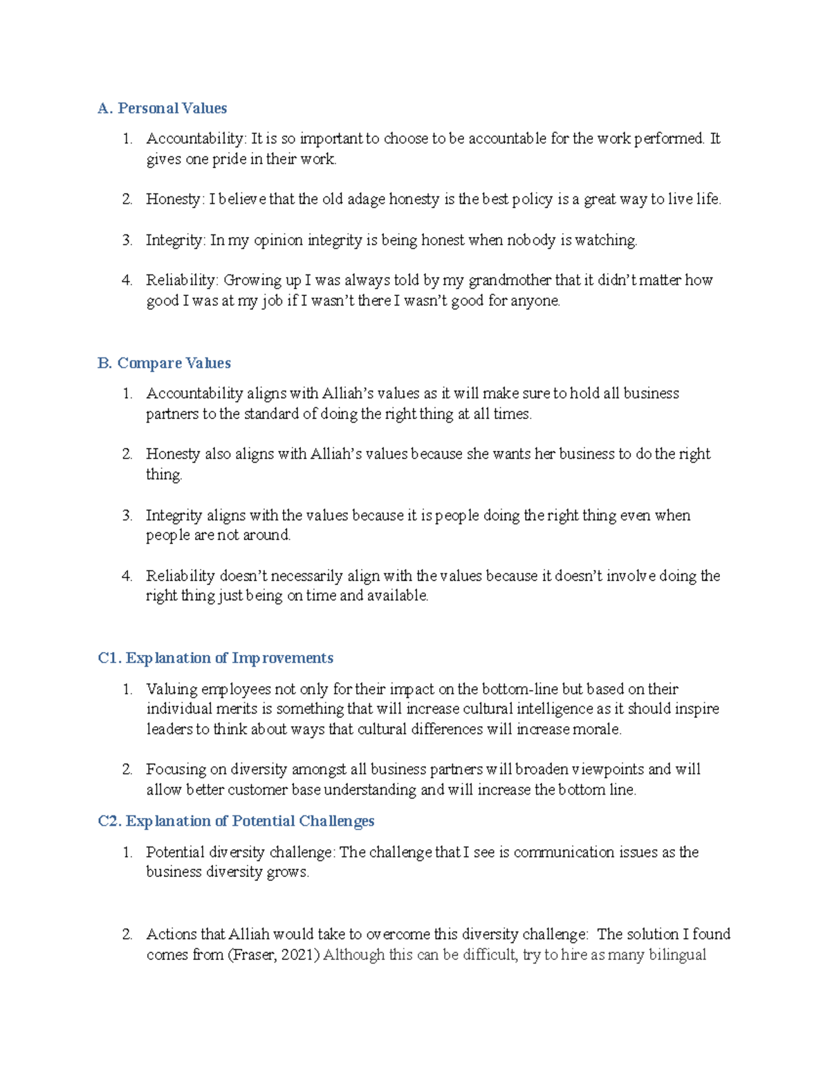 D082 Task 2 Assignment 2 - A. Personal Values Accountability: It is so ...