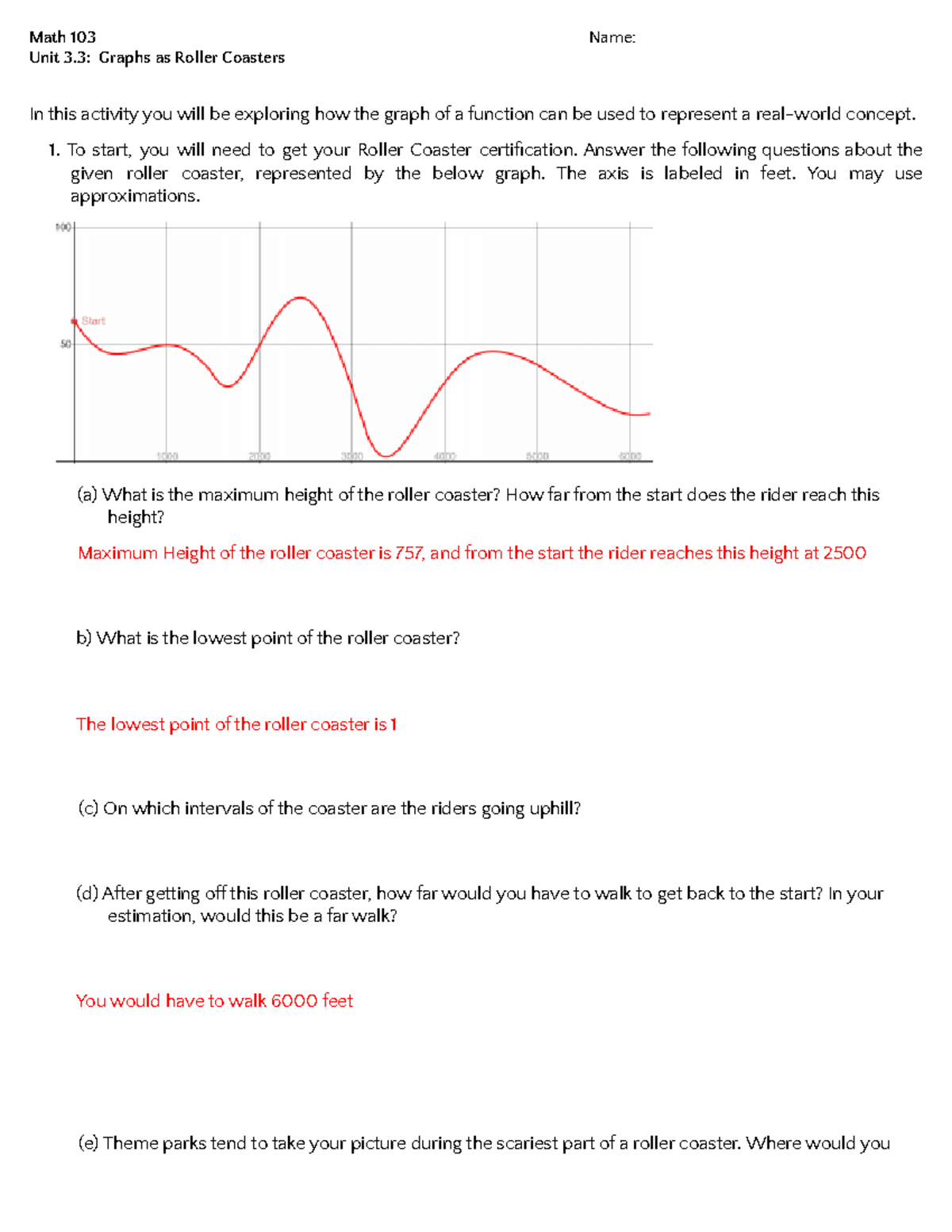MAT 103 3.3 Graphs as Roller Coasters - Math 103 Name: Unit 3: Graphs as Roller Coasters In this ...