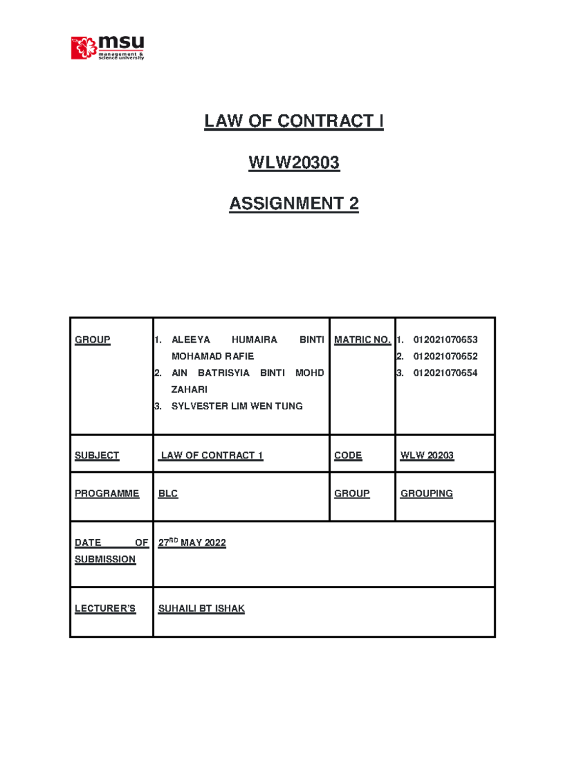Contract Assignment 2 pdf - LAW OF CONTRACT I WLW ASSIGNMENT 2 GROUP 1 ...