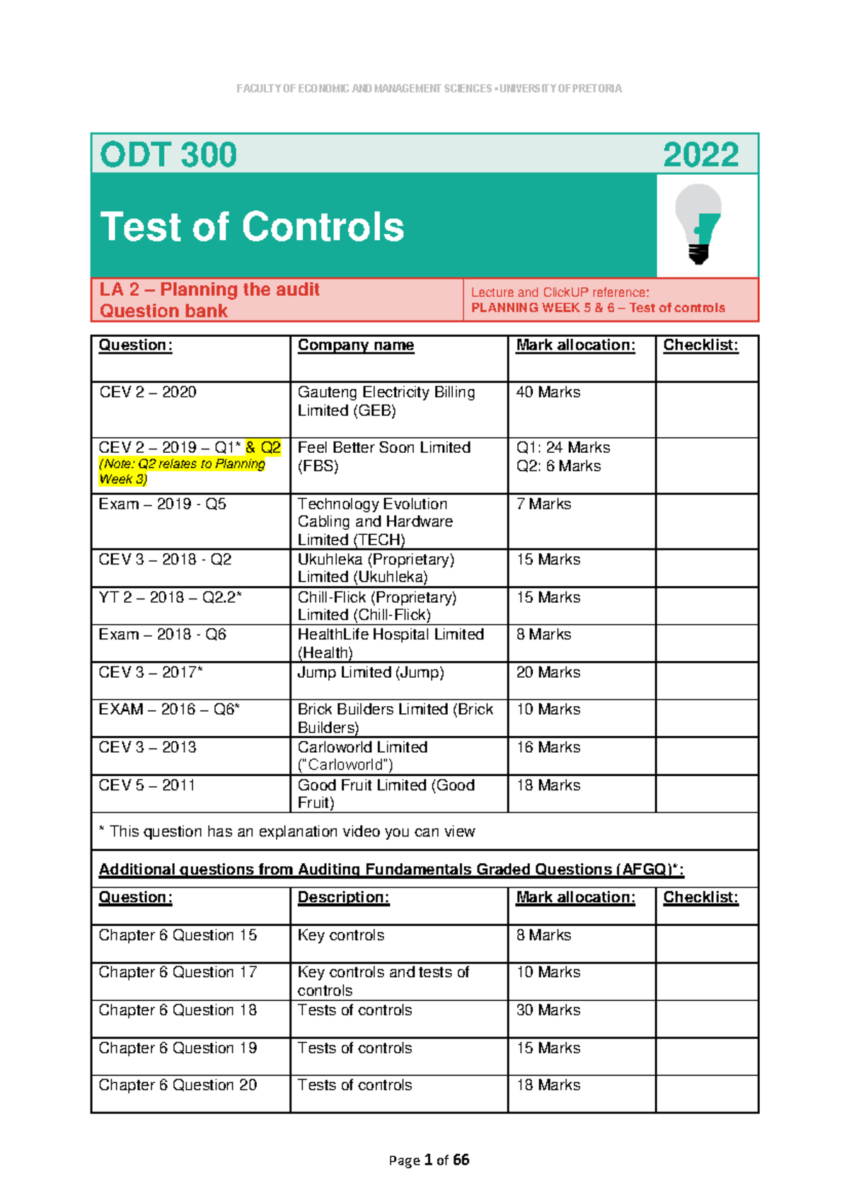 ODT 300 Planning Week 5-6 - Question bank 2022 - ODT 300 2022 Test of ...