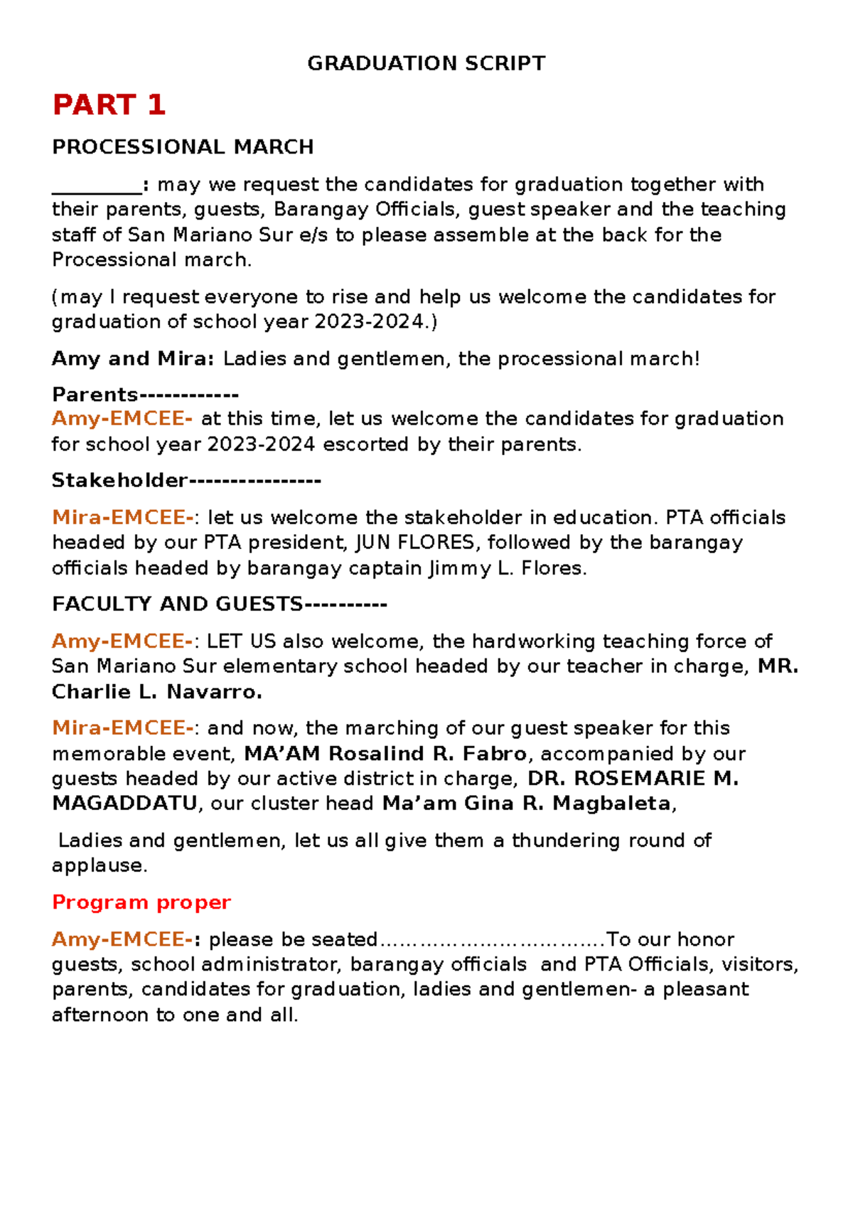 Graduation- Script - speaches - GRADUATION SCRIPT PART 1 PROCESSIONAL ...
