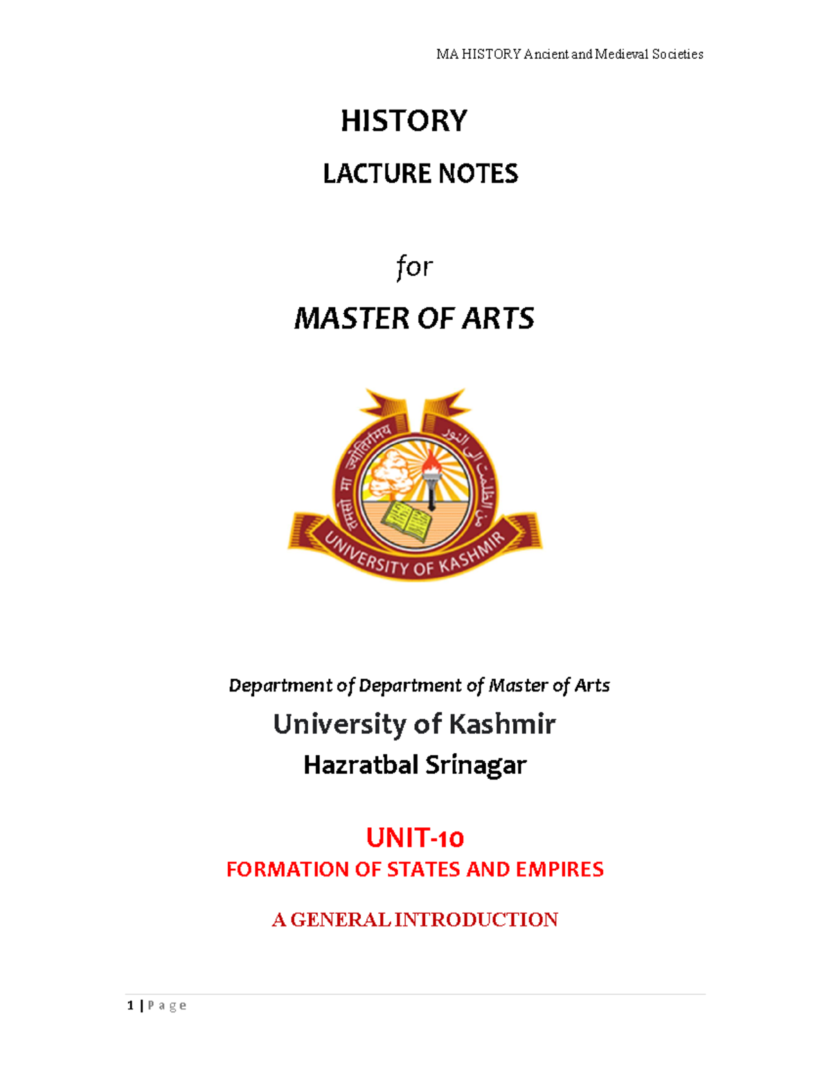 MA History UNIT 10 Formation OF States AND Empires A General ...