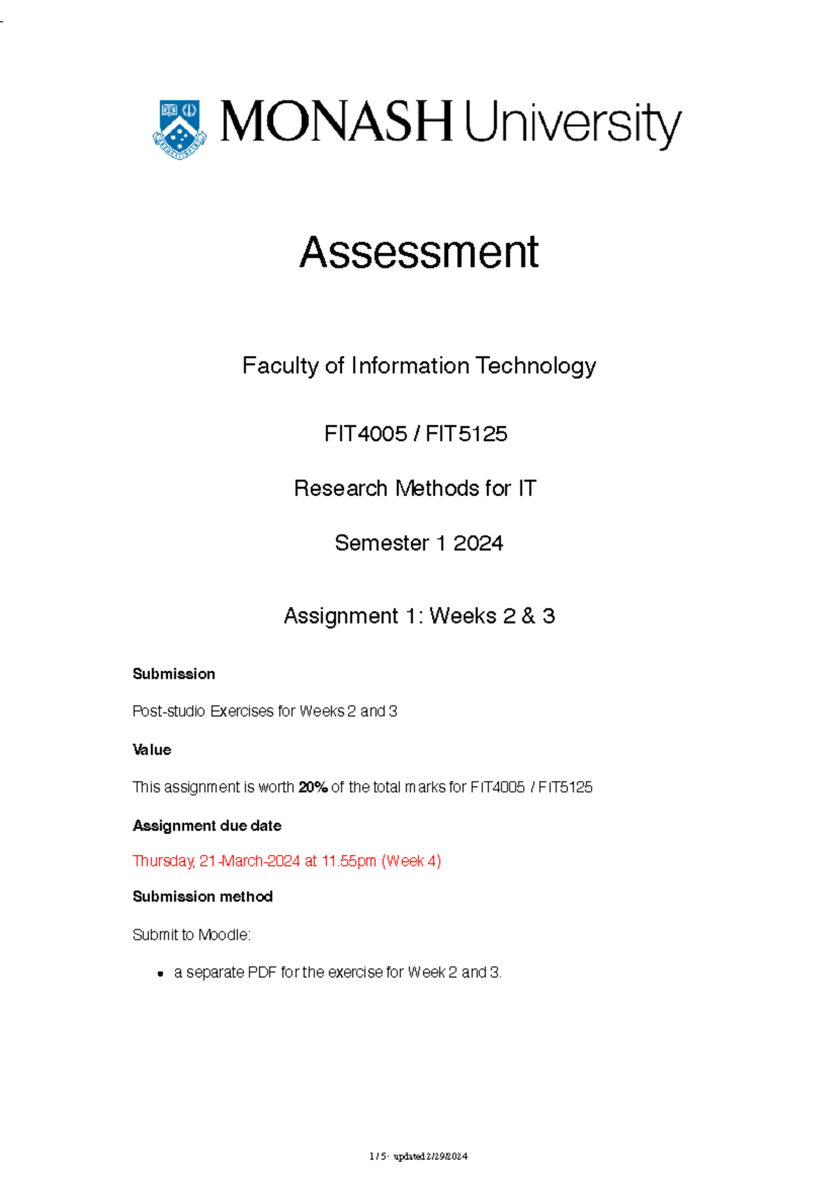Assignment 1 (Sem 1 2024) - Assessment Faculty of Information Technology FIT4005 / FIT Research ...