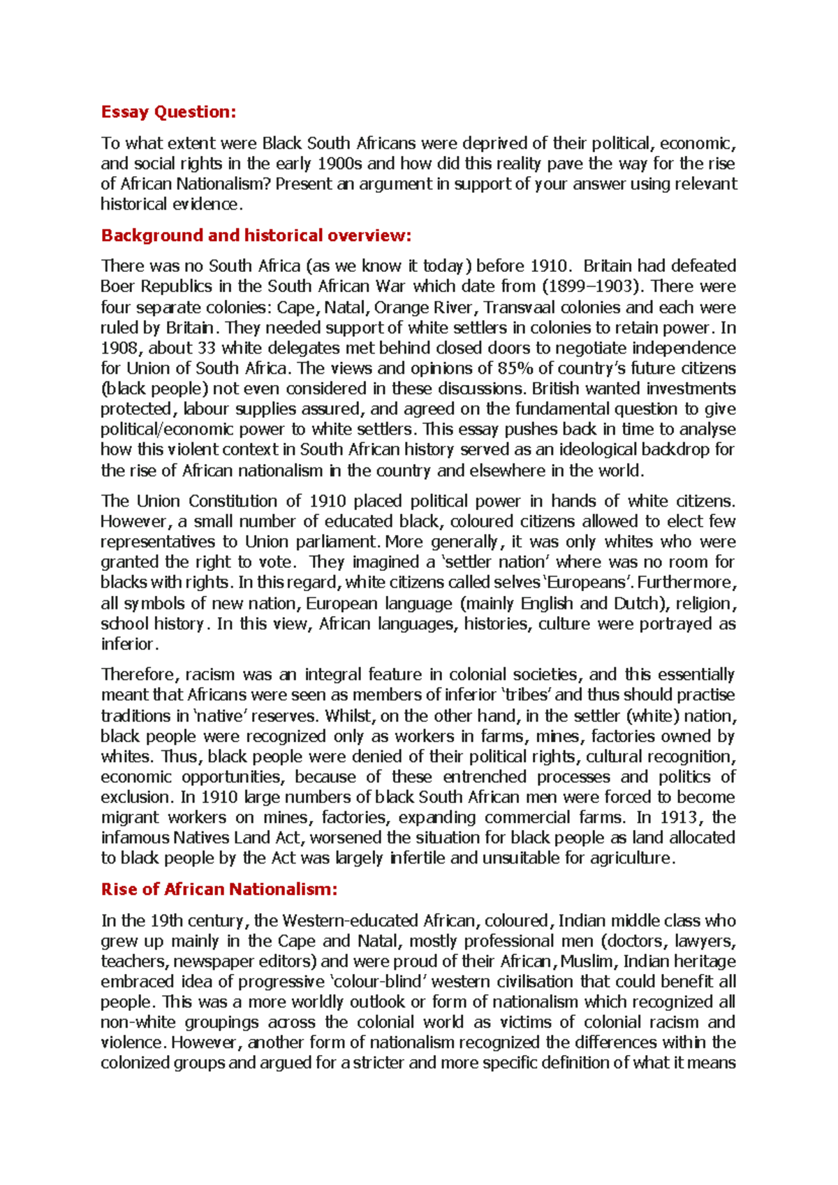 Essay Question gr11 - Essay Question: To what extent were Black South ...