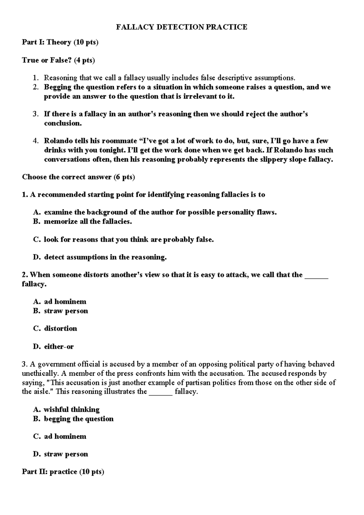 Fallacy identification - FALLACY DETECTION PRACTICE Part I: Theory (10 ...