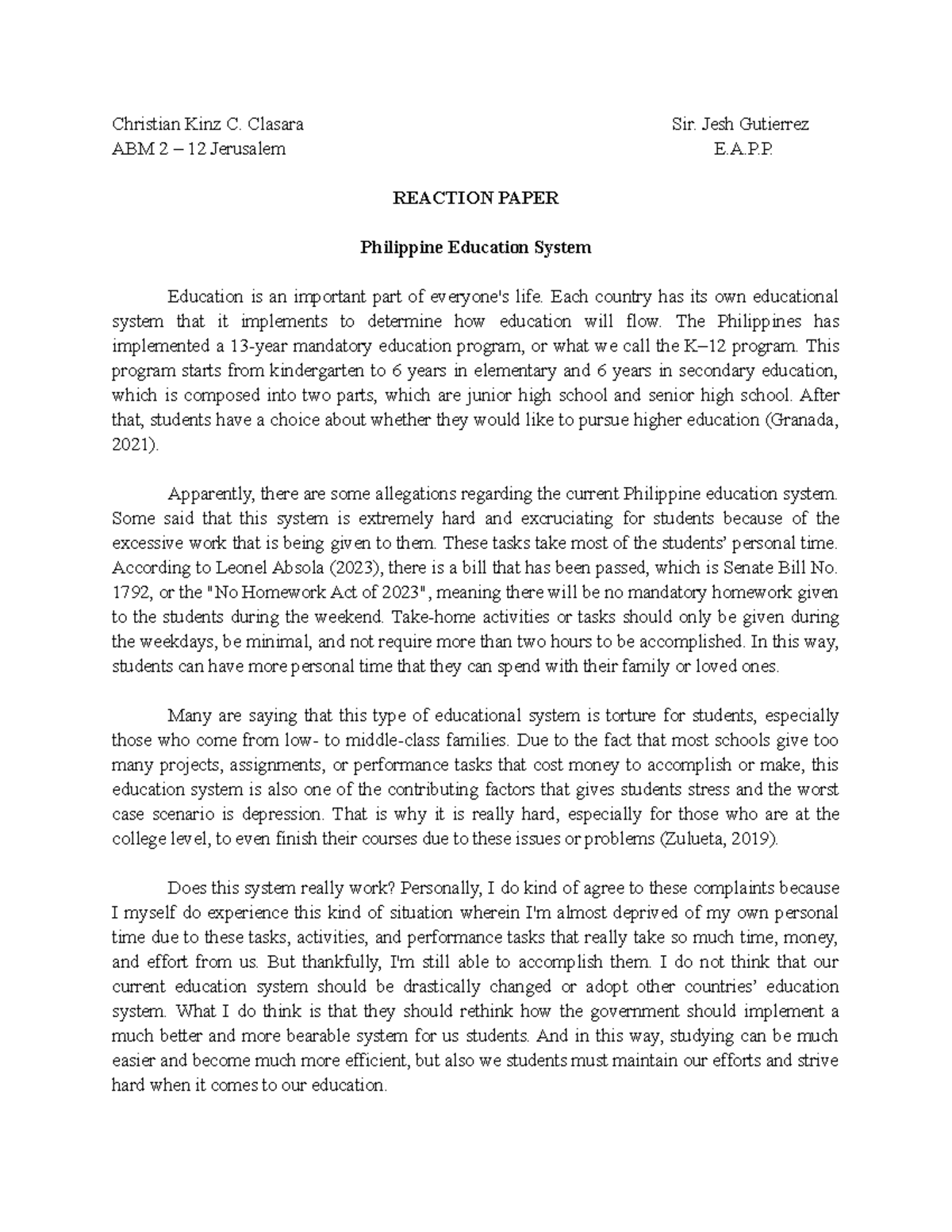 EAPP - Reaction AND Position Paper - Christian Kinz C. Clasara Sir ...