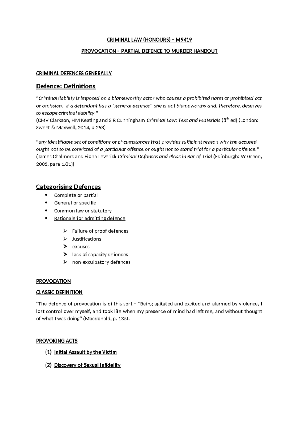 CRIMINAL LAW (HONOURS) – M: Provocation Defence Handout - CRIMINAL LAW ...
