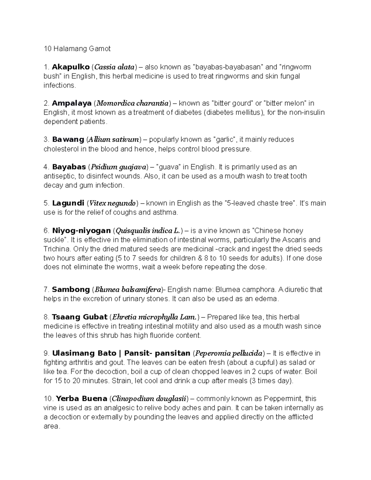 10 Halamang Gamot - Use for answering activities for the filipino ...