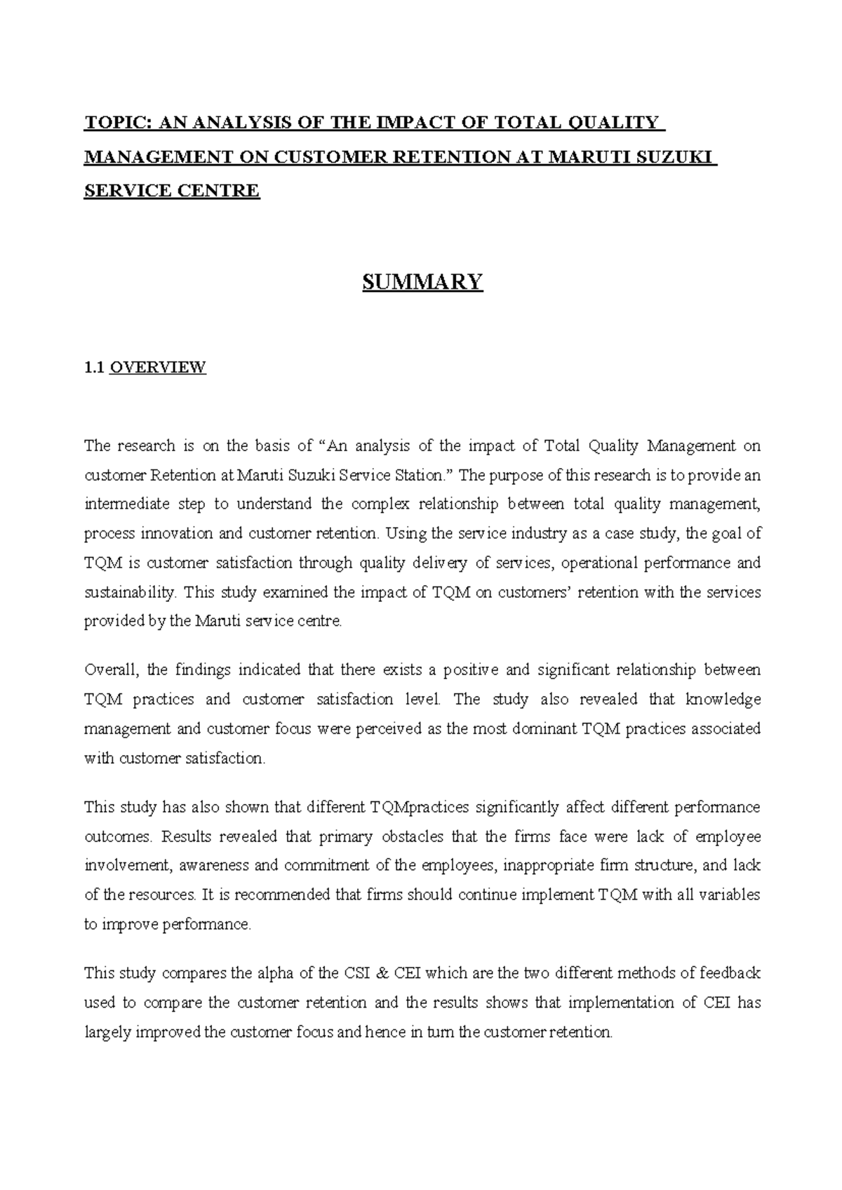 Thesis Summary 2500 Words - TOPIC: AN ANALYSIS OF THE IMPACT OF TOTAL ...