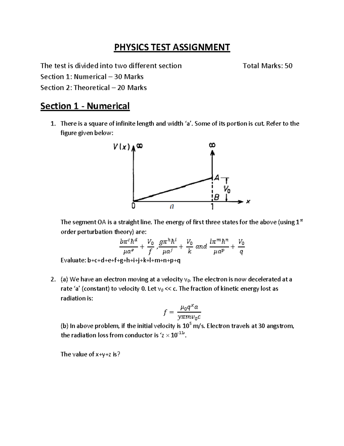 1501311056-ques - PHYSICS TEST ASSIGNMENT The test is divided into two ...