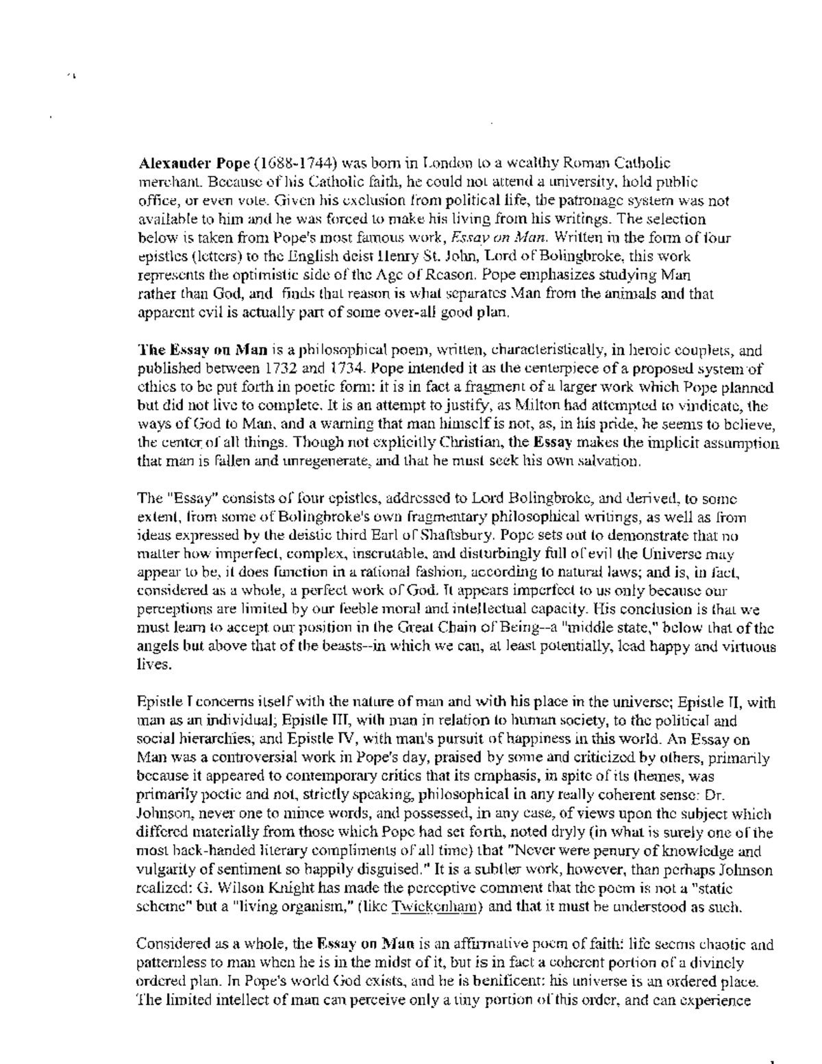 152Pope Essayon Man - Lecture notes - Alexander Pope (1688­1744) was ...