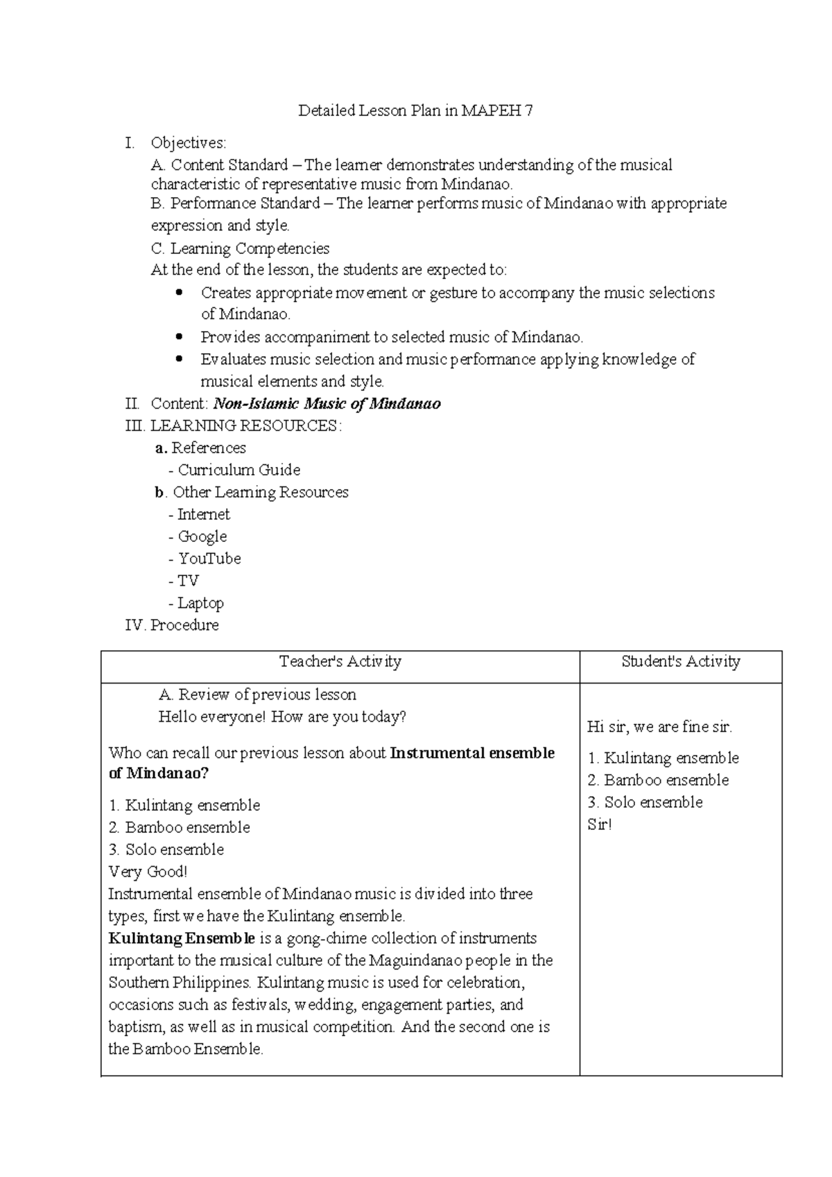 Detailed Lesson Plan in music - Detailed Lesson Plan in MAPEH 7 I ...