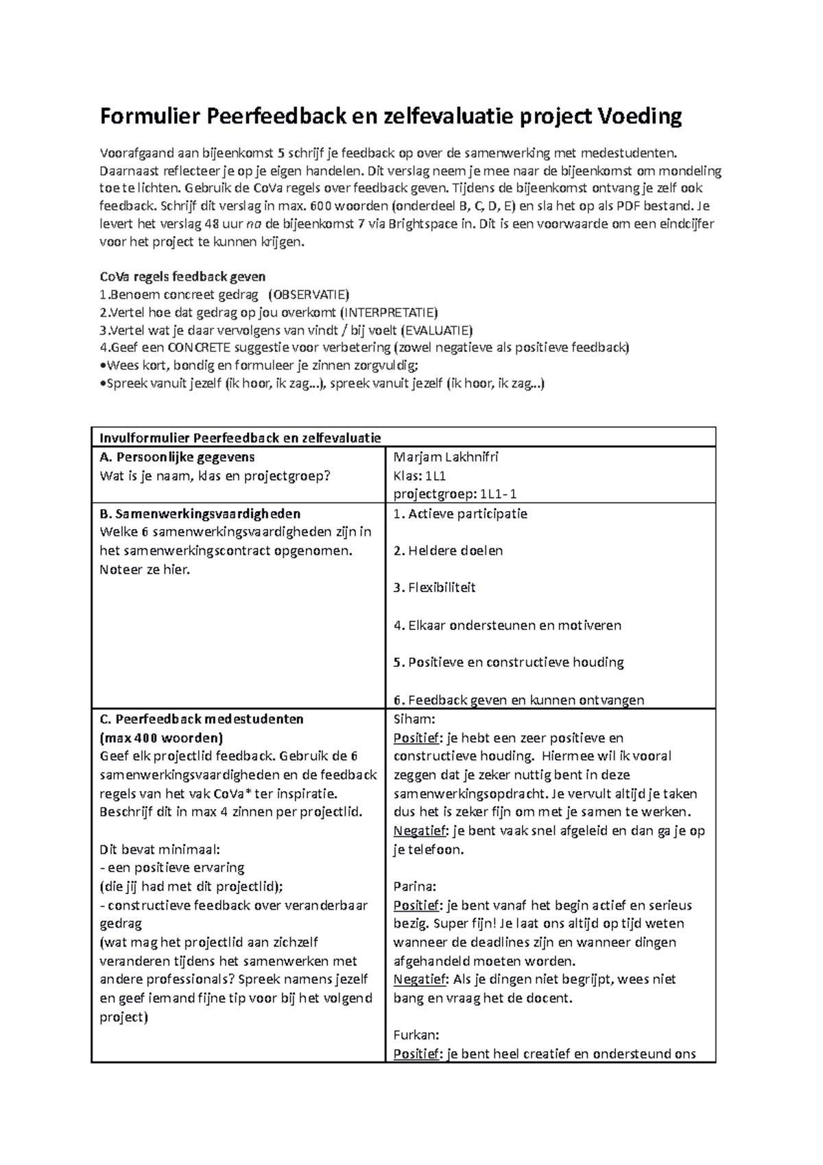 Formulier Peerfeedback en zelfevaluatie project Voeding (1) - Formulier ...