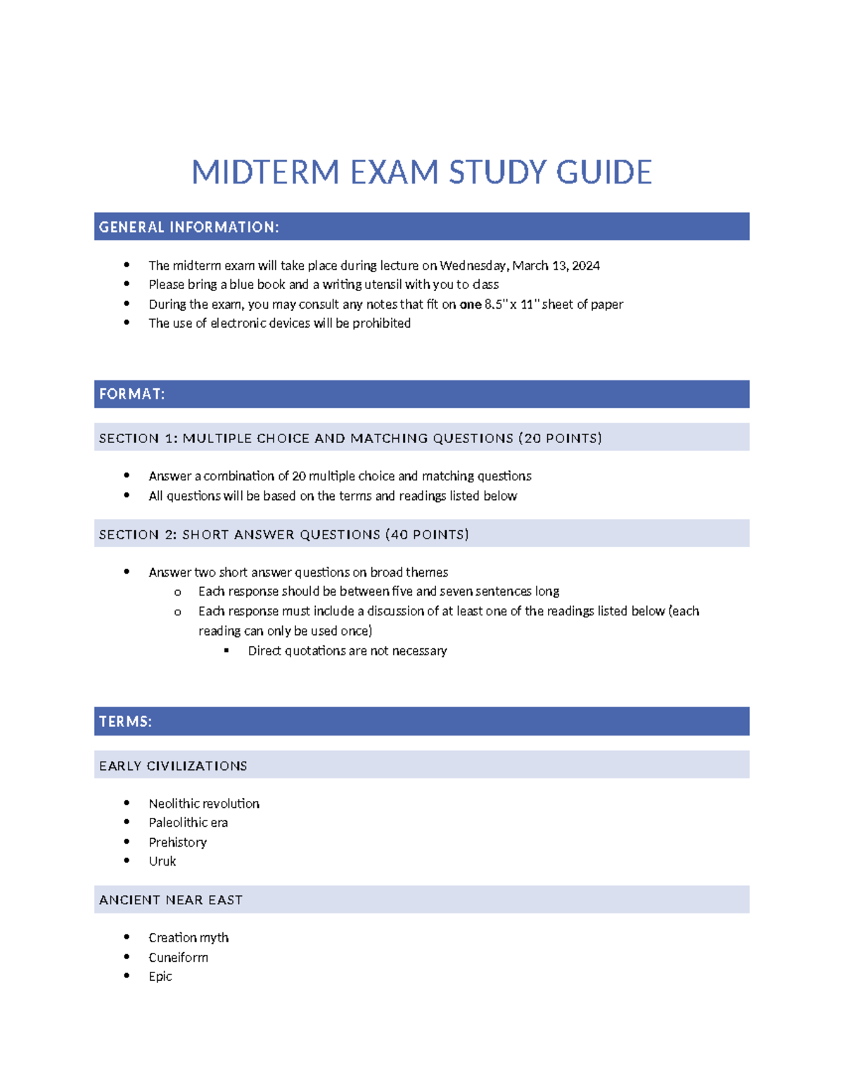 Midterm Exam Study Guide-4 - MIDTERM EXAM STUDY GUIDE GENERAL INFORMATION: The midterm exam will ...